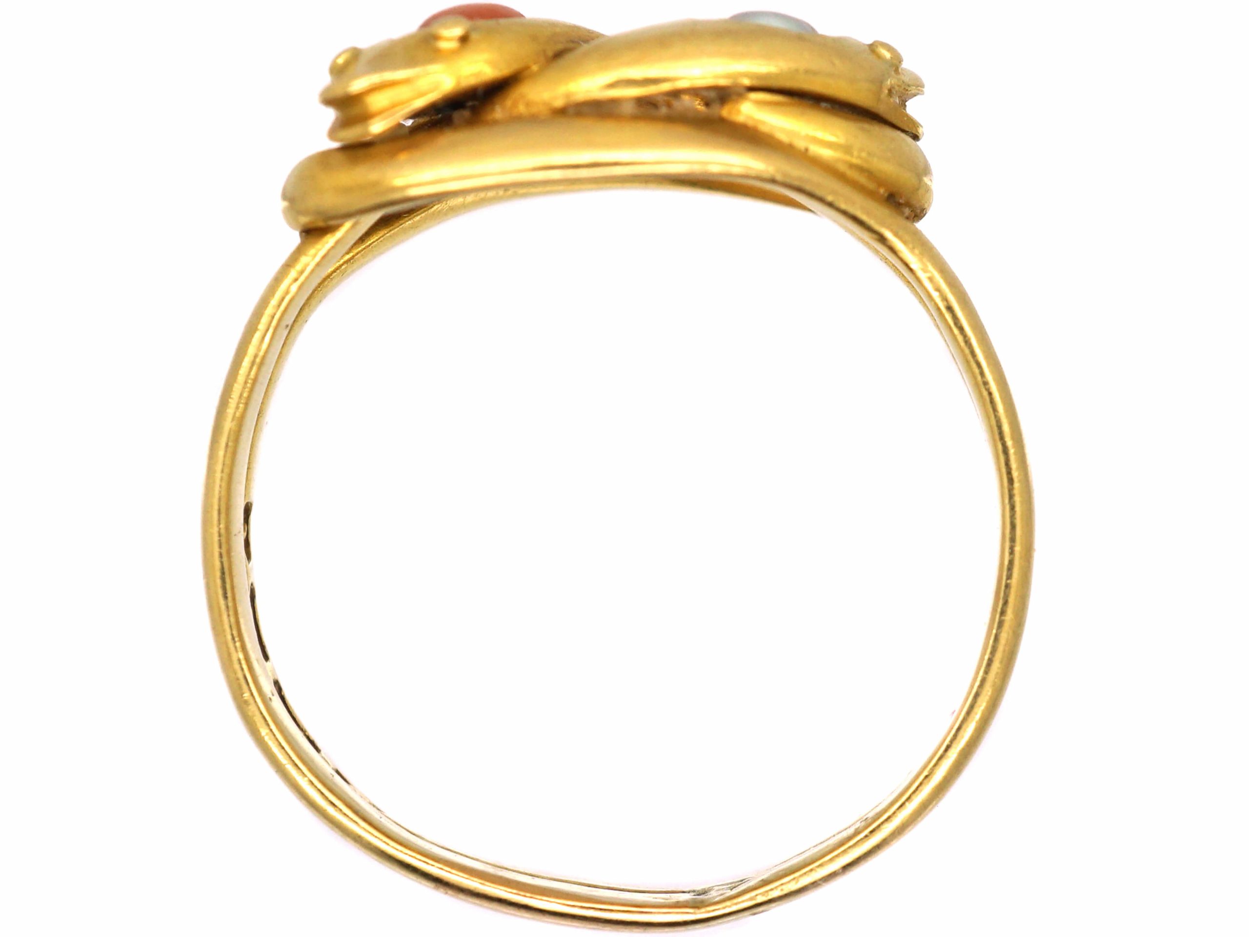 Victorian 18ct Double Snake Ring set with Coral & A Natural Split Pearl ...