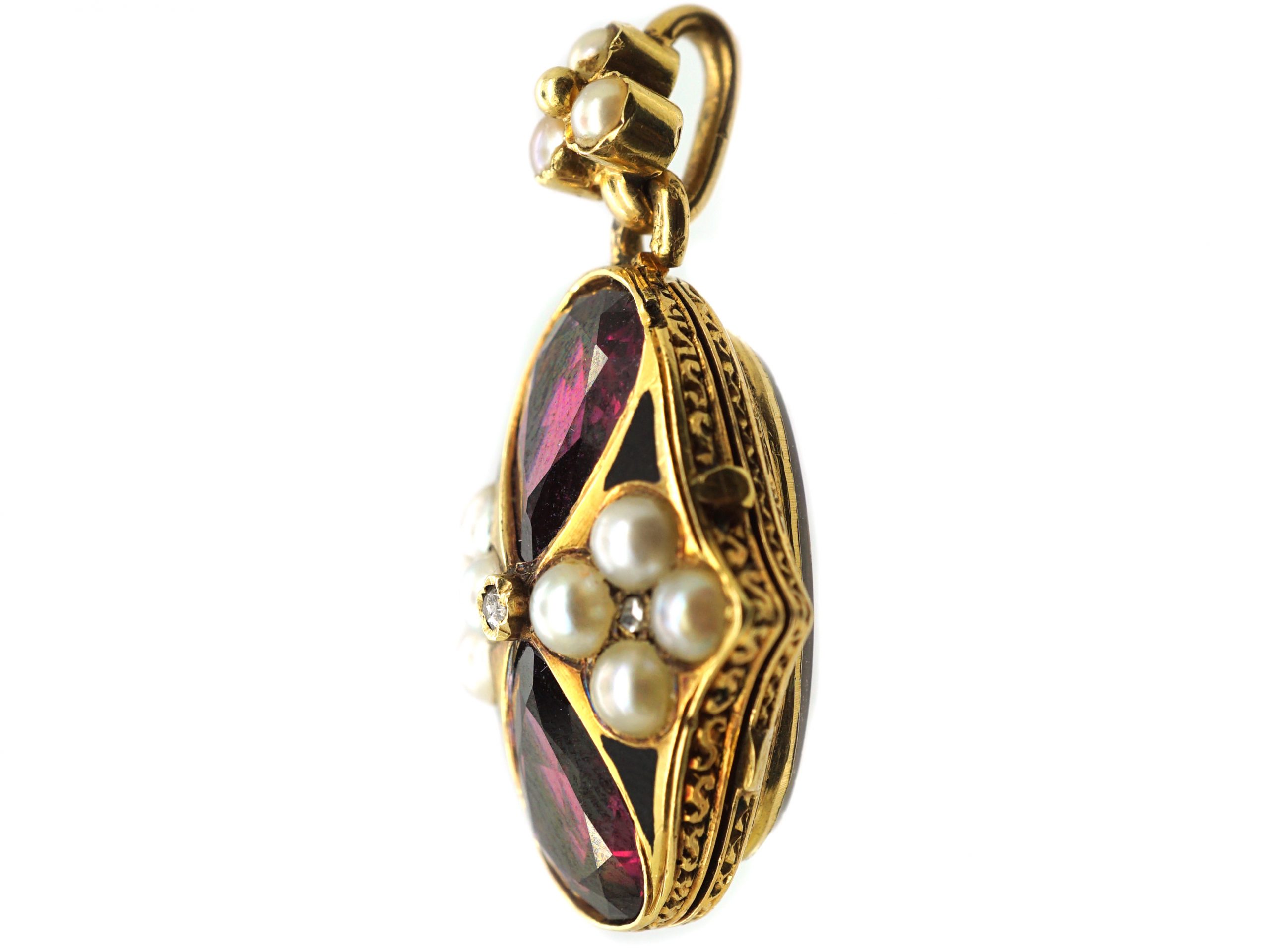 Victorian 18ct Gold Locket set with Garnets, Natural Split Pearls ...