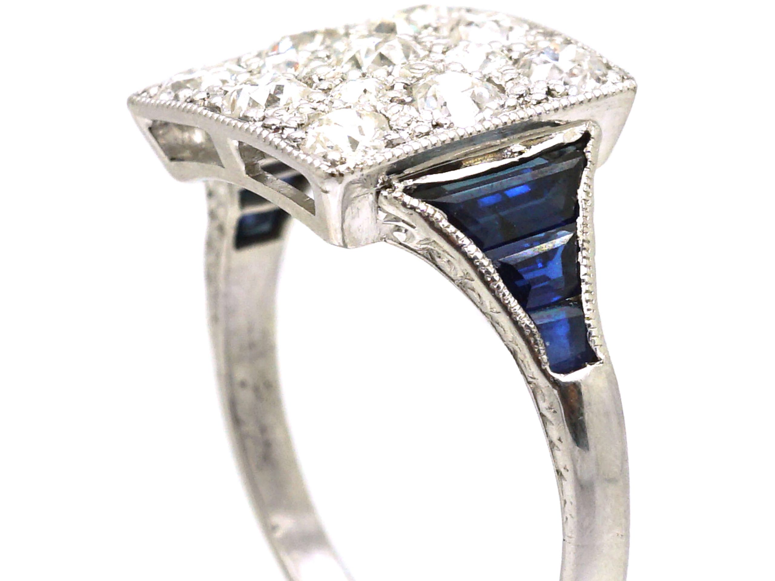 Art Deco Platinum Square Ring set with Diamonds with Sapphire set ...