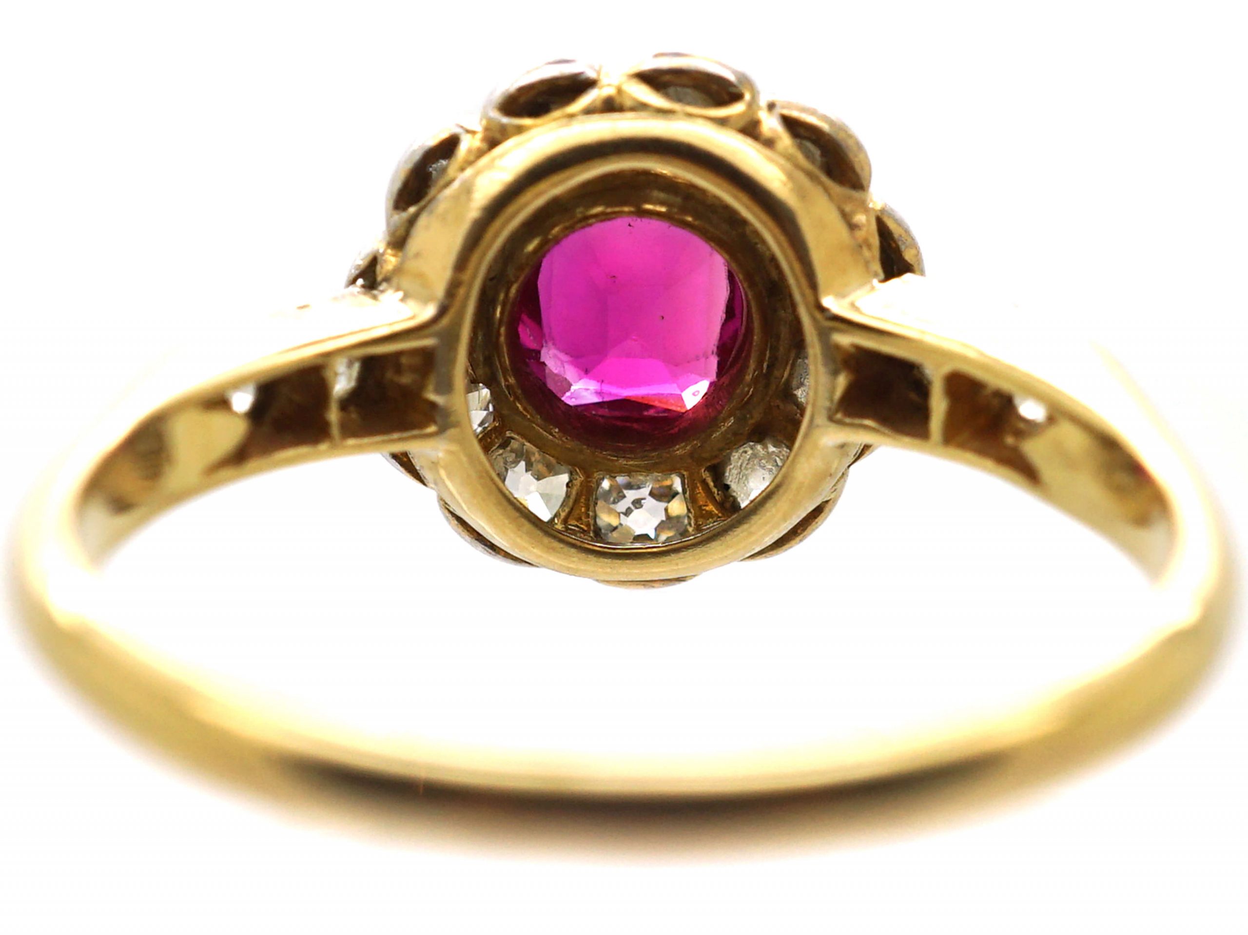 Edwardian 18ct Gold & Platinum, Ruby & Diamond Cluster Ring with Diamond set Shoulders (494X ...