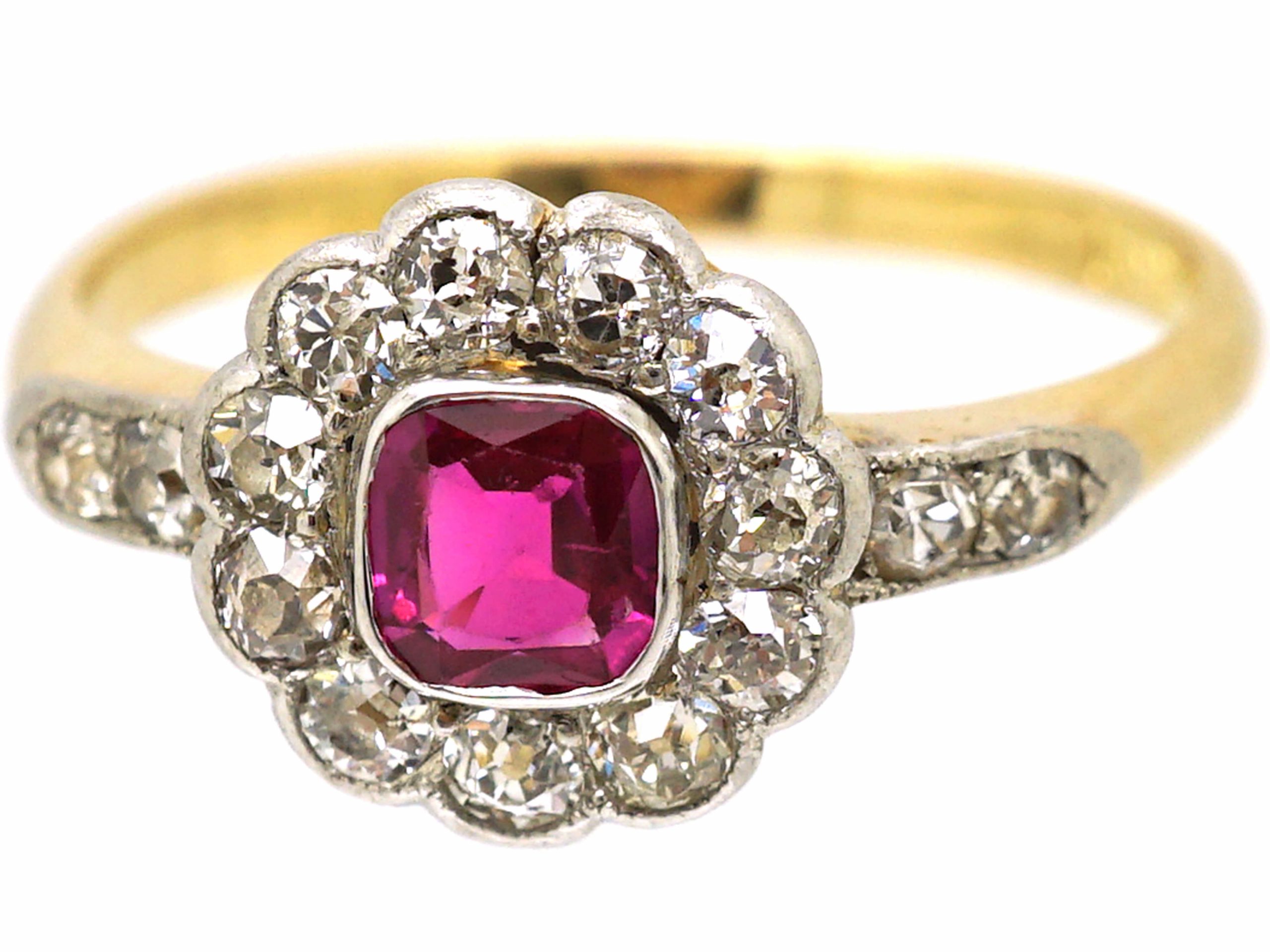 Edwardian 18ct Gold & Platinum, Ruby & Diamond Cluster Ring with ...