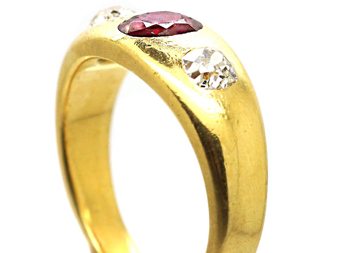 Victorian 18ct Gold Rub Over Set Three Stone Ruby & Diamond Ring | AJC ...