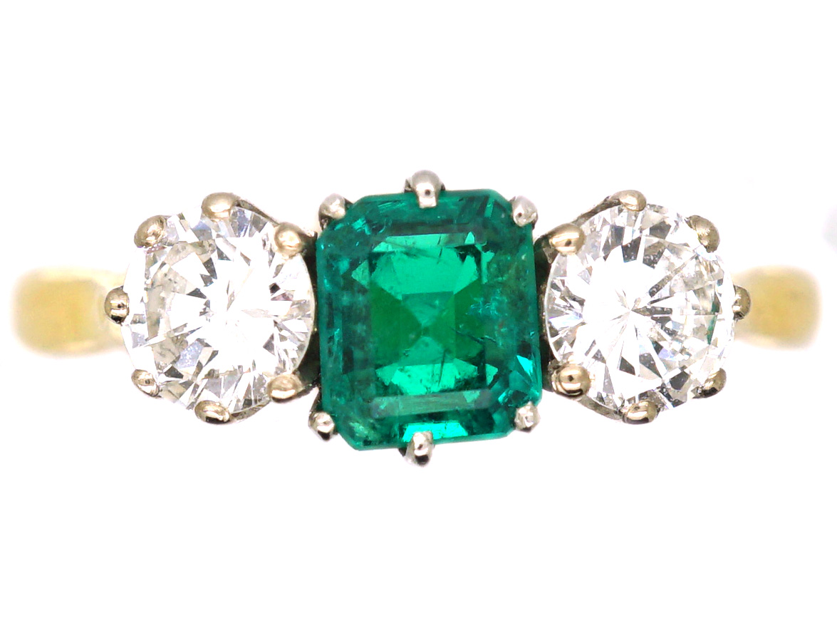18ct Gold Three Stone Emerald & Diamond Ring (573X) | The Antique ...