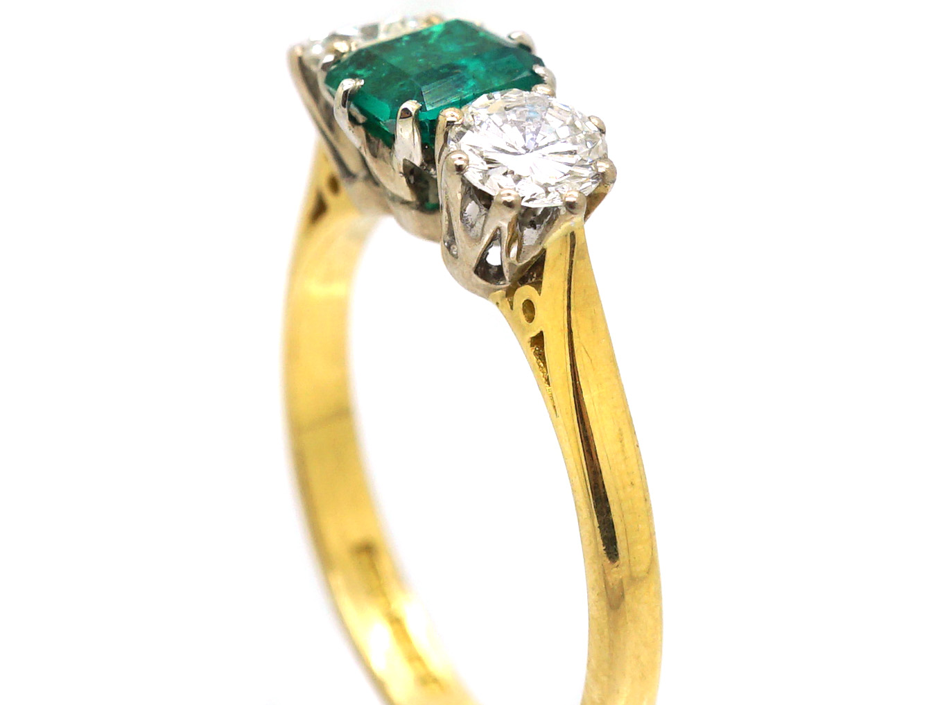 18ct Gold Three Stone Emerald & Diamond Ring (573X) | The Antique ...