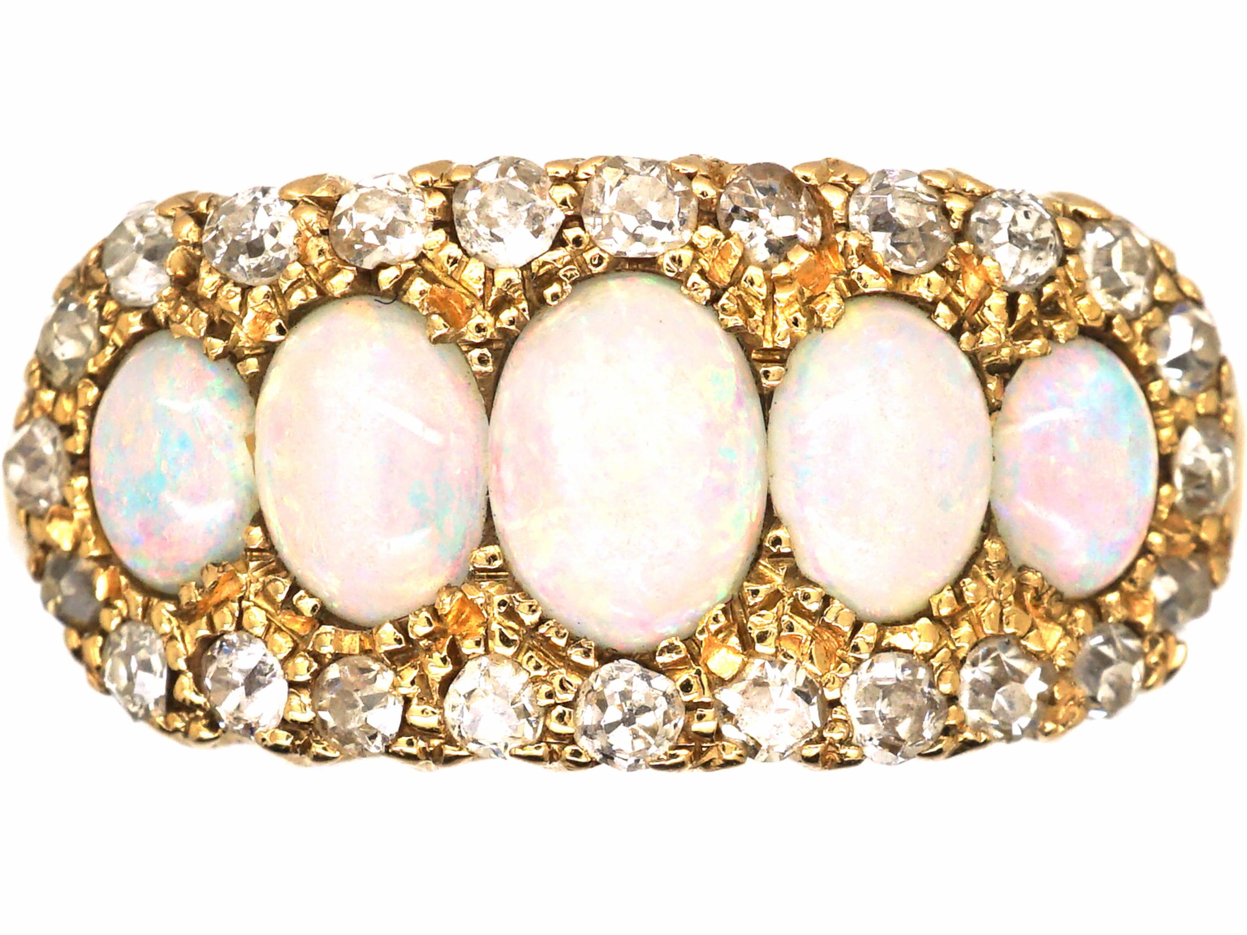 Edwardian 18ct Gold Five Stone Opal Ring with Diamond Set Border (623X) | The Antique Jewellery ...