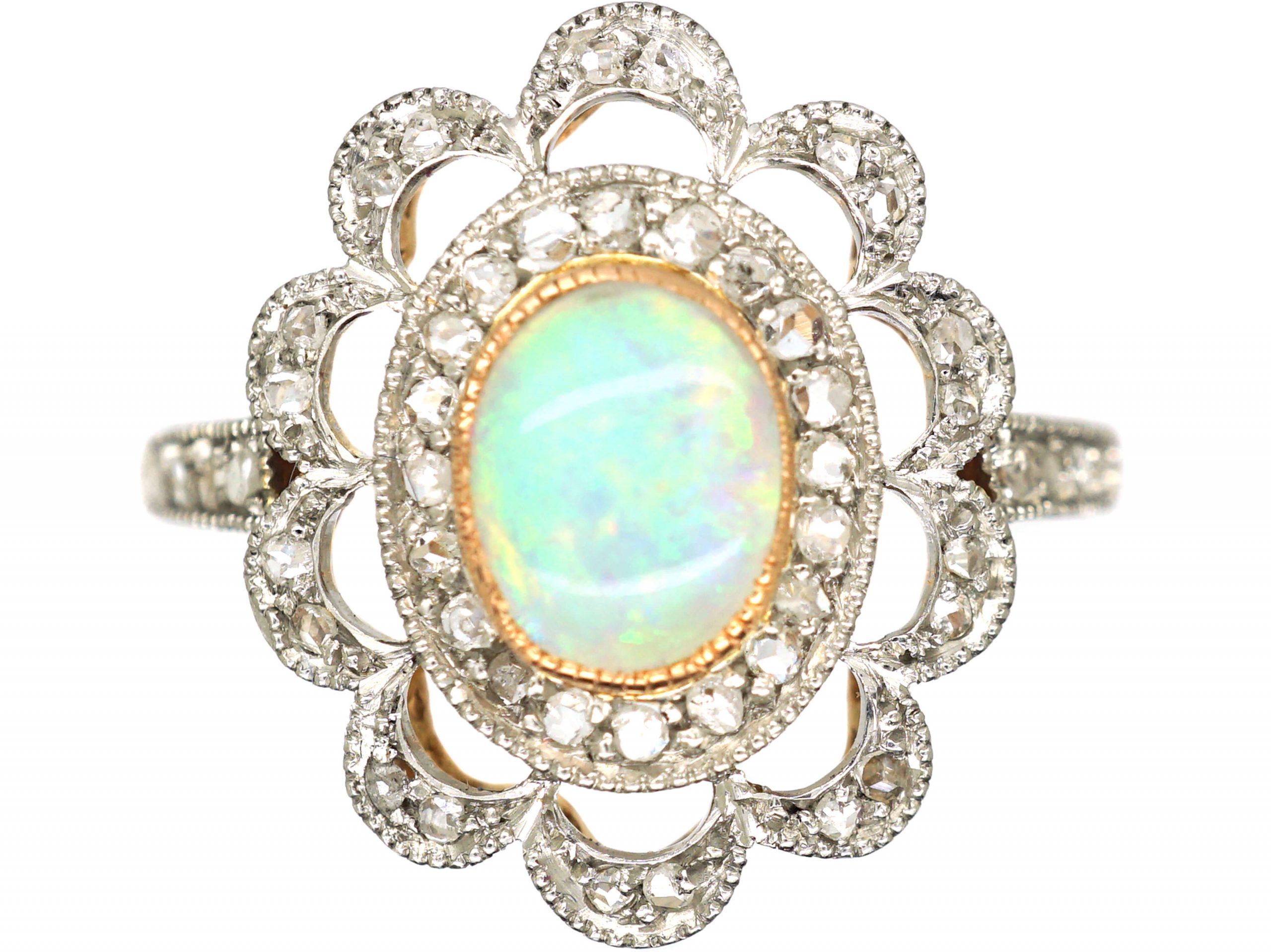 Edwardian 18ct Gold & Platinum, Opal & Rose Diamond Open Cluster Ring ...