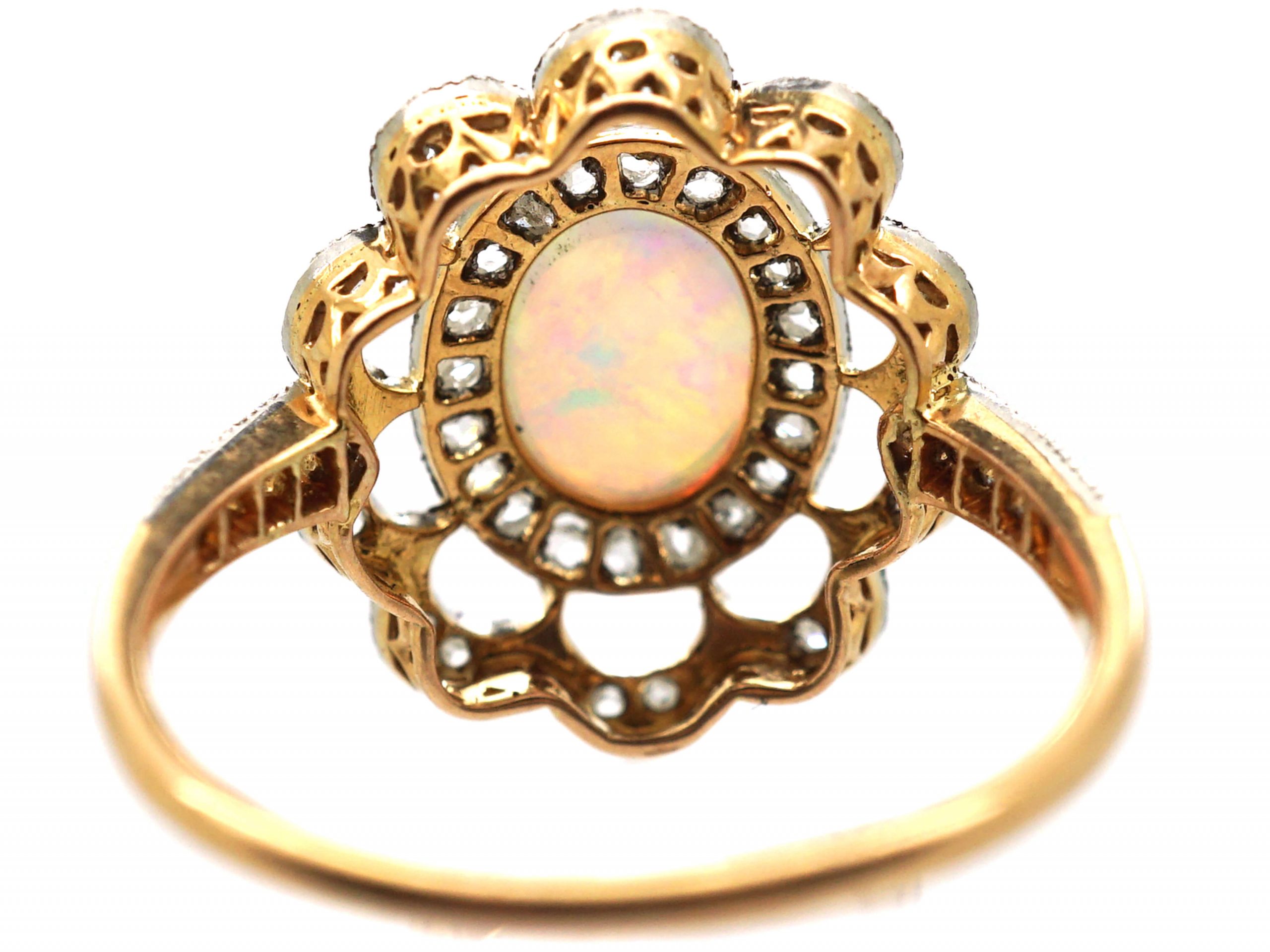 Edwardian 18ct Gold & Platinum, Opal & Rose Diamond Open Cluster Ring ...