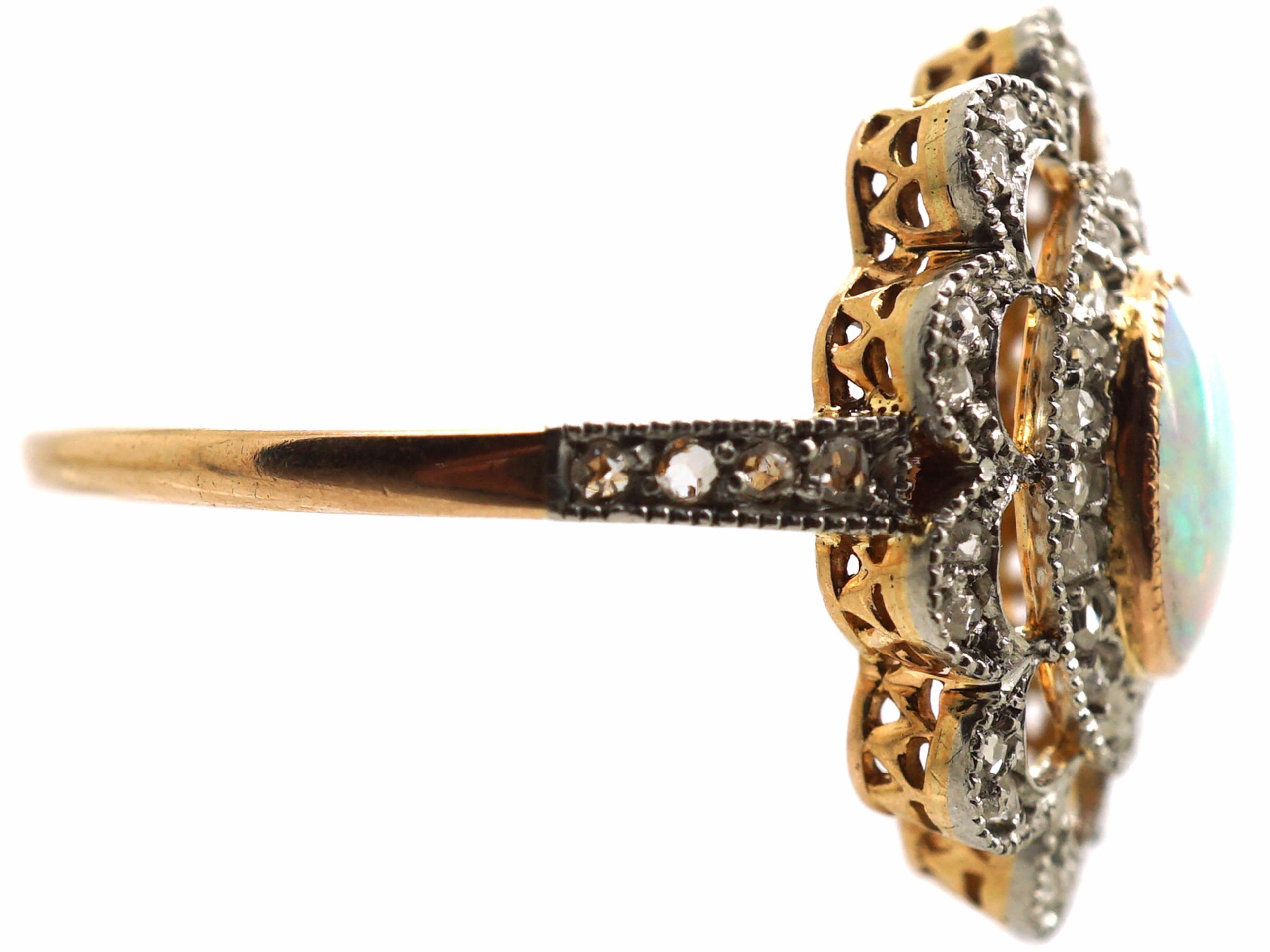 Edwardian 18ct Gold & Platinum, Opal & Rose Diamond Open Cluster Ring ...