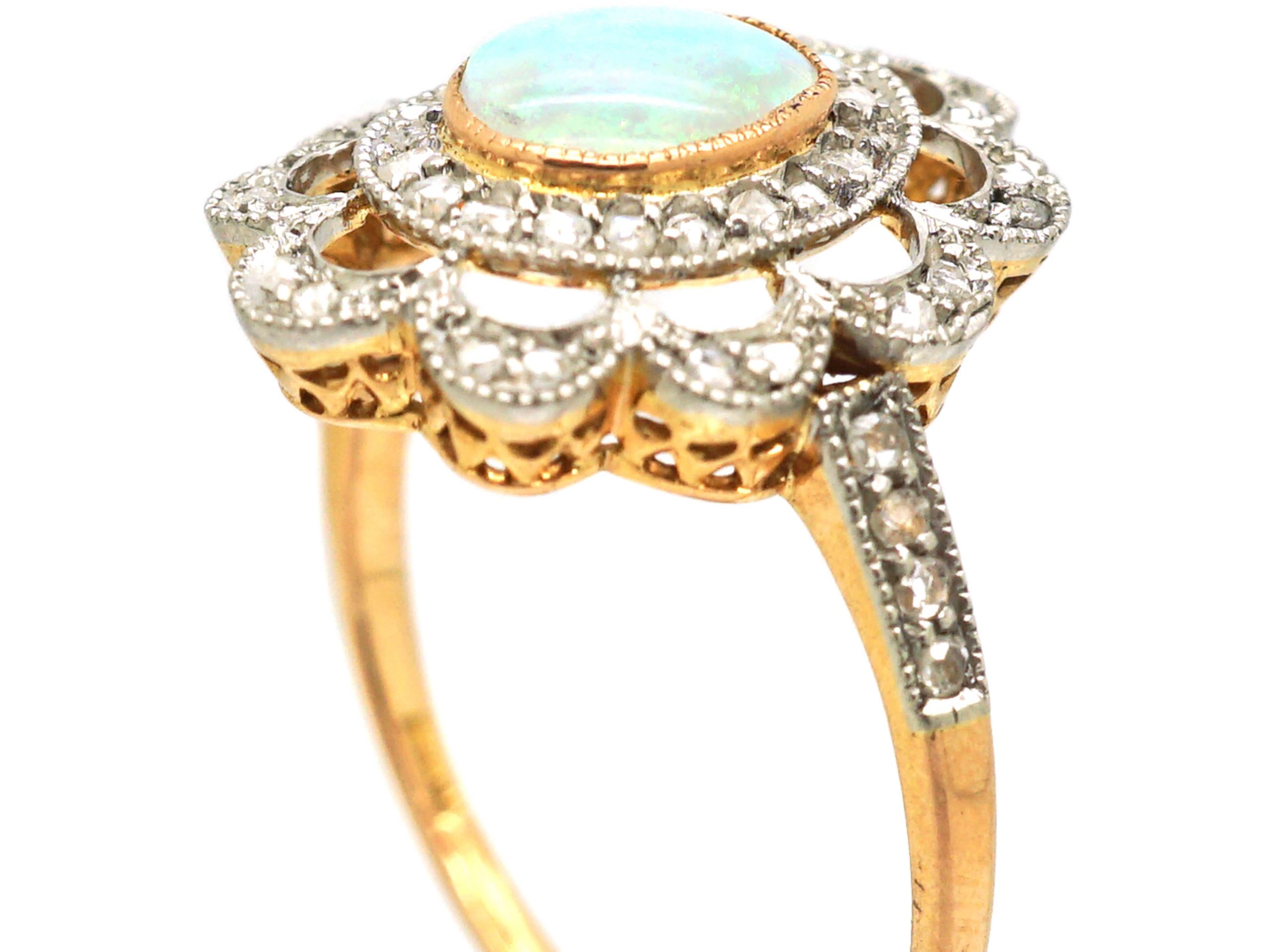 Edwardian 18ct Gold & Platinum, Opal & Rose Diamond Open Cluster Ring ...