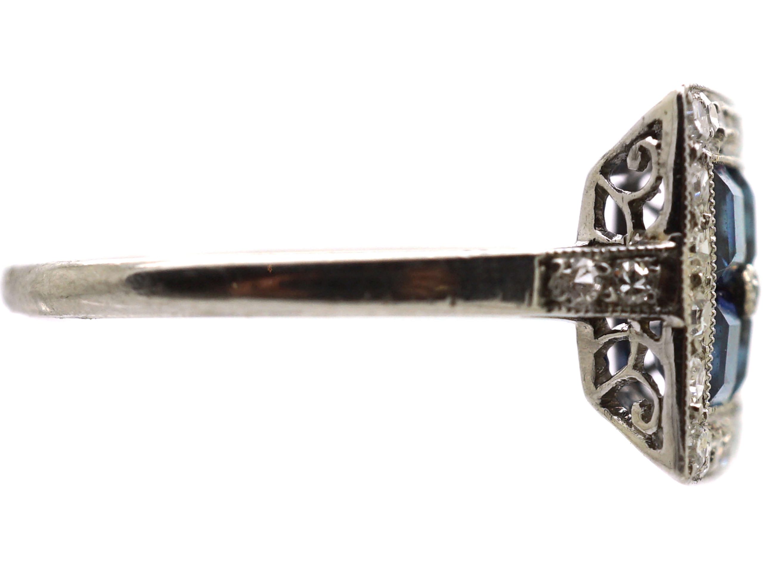 Art Deco Platinum, Sapphire & Diamond Square Ring with Diamond Set ...