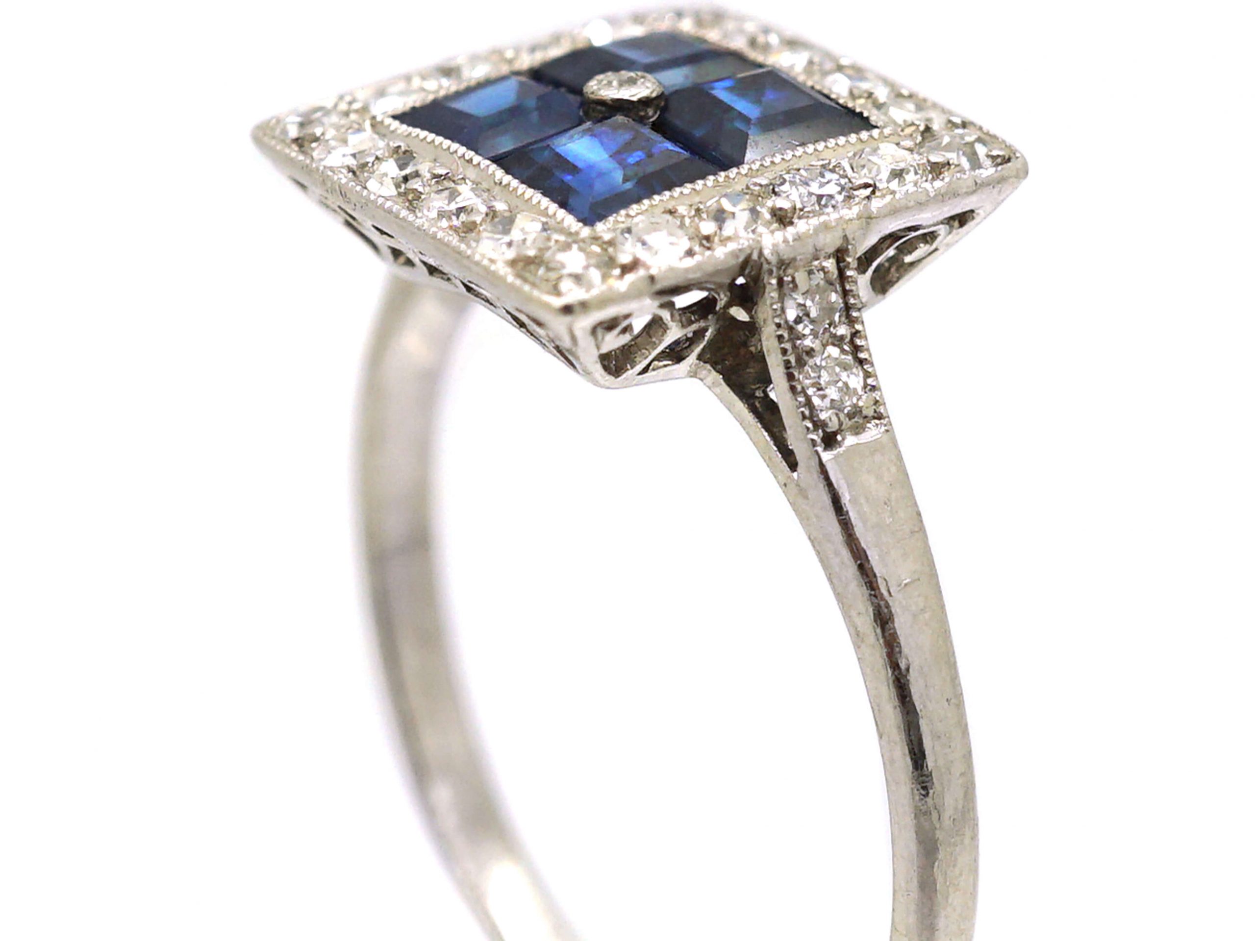 Art Deco Platinum, Sapphire & Diamond Square Ring with Diamond Set ...