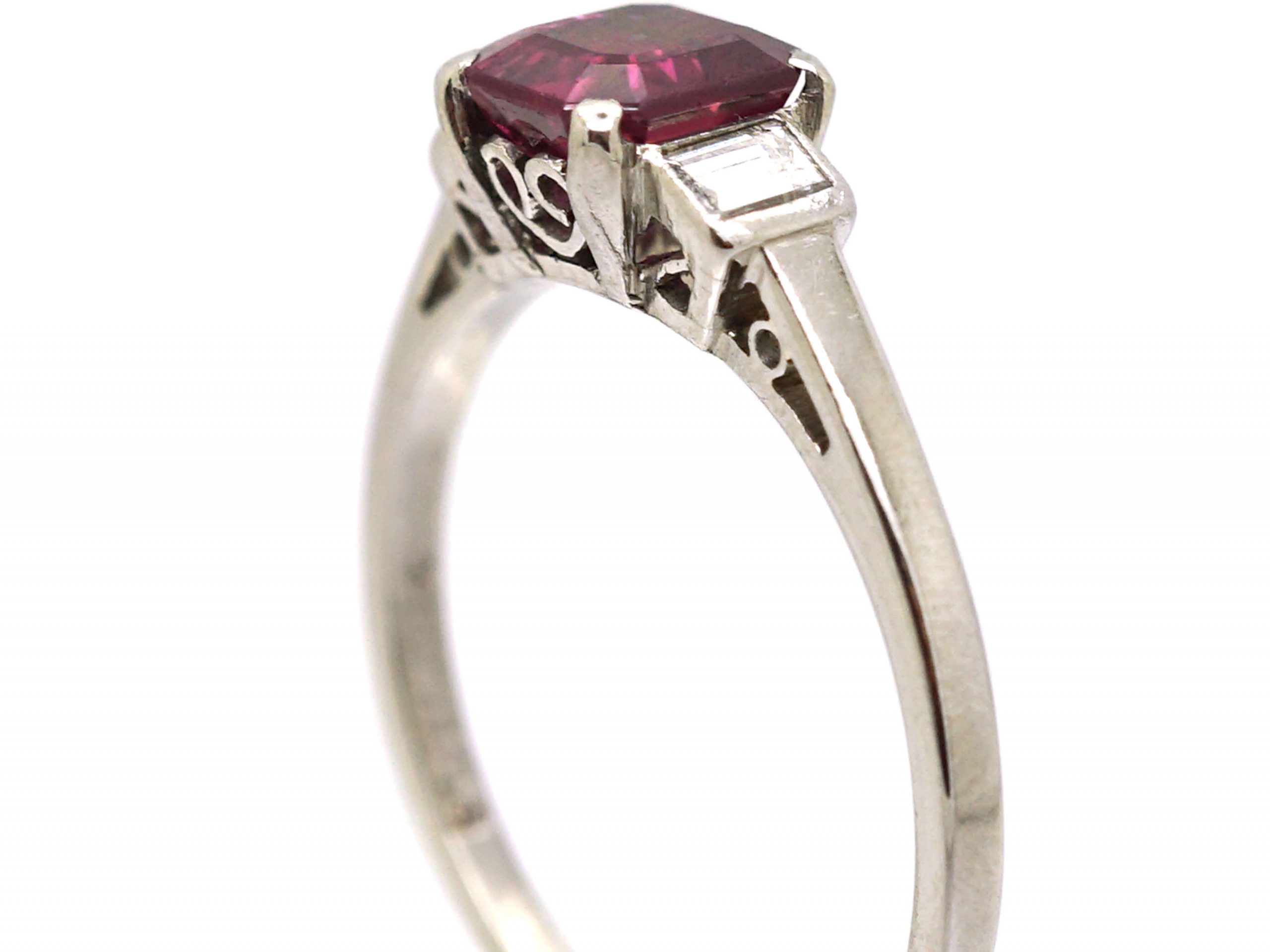 Art Deco Platinum, Square Cut Ruby & Diamond Baguette Ring (552X) | The Antique Jewellery Company