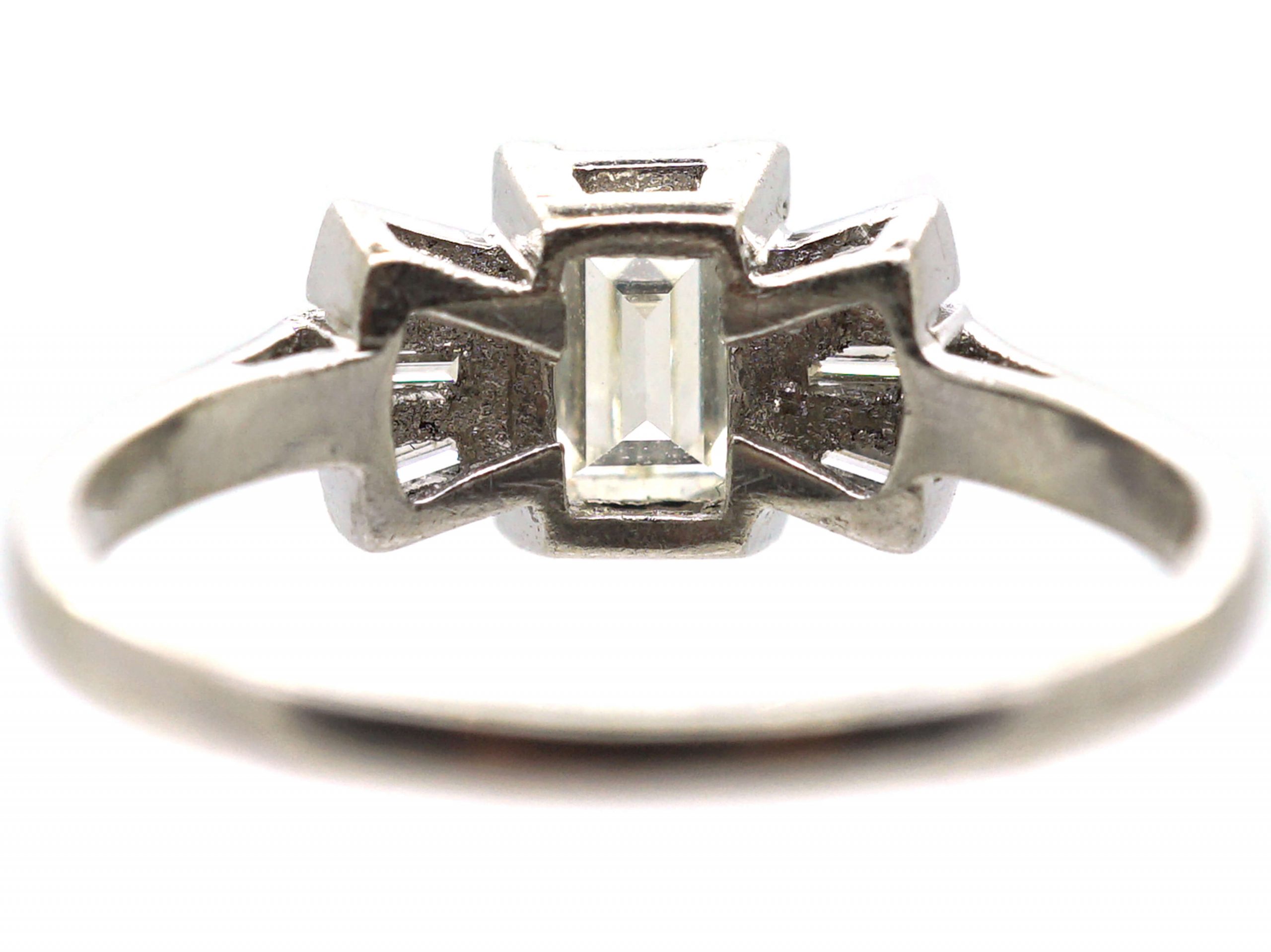 Art Deco Platinum Ring set with a Rectangular Cut Diamond with Baguette ...
