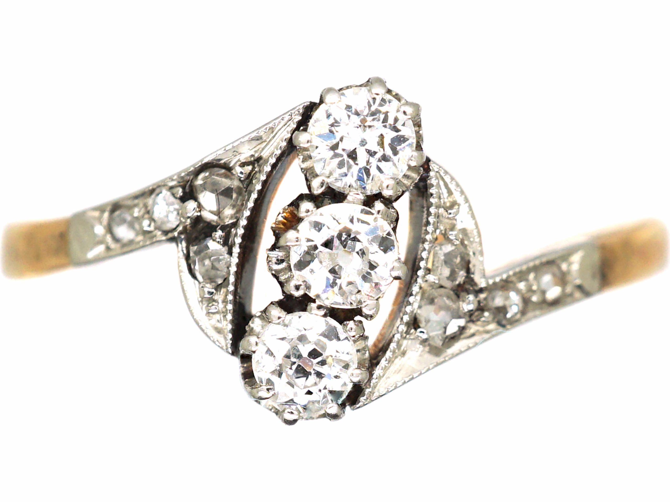 Early 20th Century 14ct Gold & Platinum, Slanted Three Stone Diamond ...
