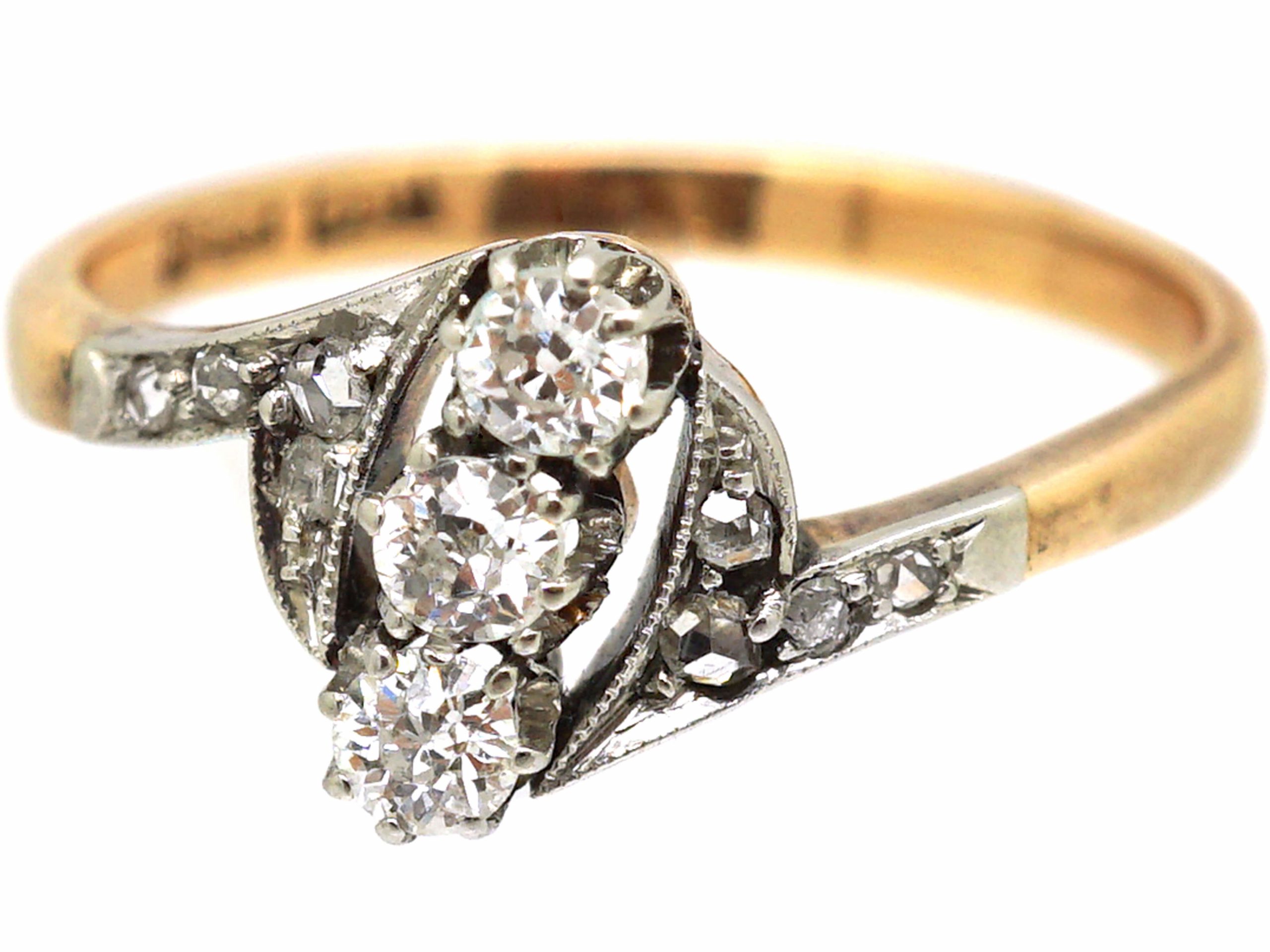 Early 20th Century 14ct Gold & Platinum, Slanted Three Stone Diamond ...