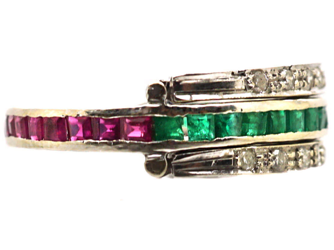 Art Deco 18ct White Gold Swivel Ring set with Rubies, Emeralds ...
