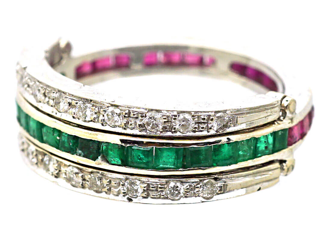 Art Deco 18ct White Gold Swivel Ring set with Rubies, Emeralds ...