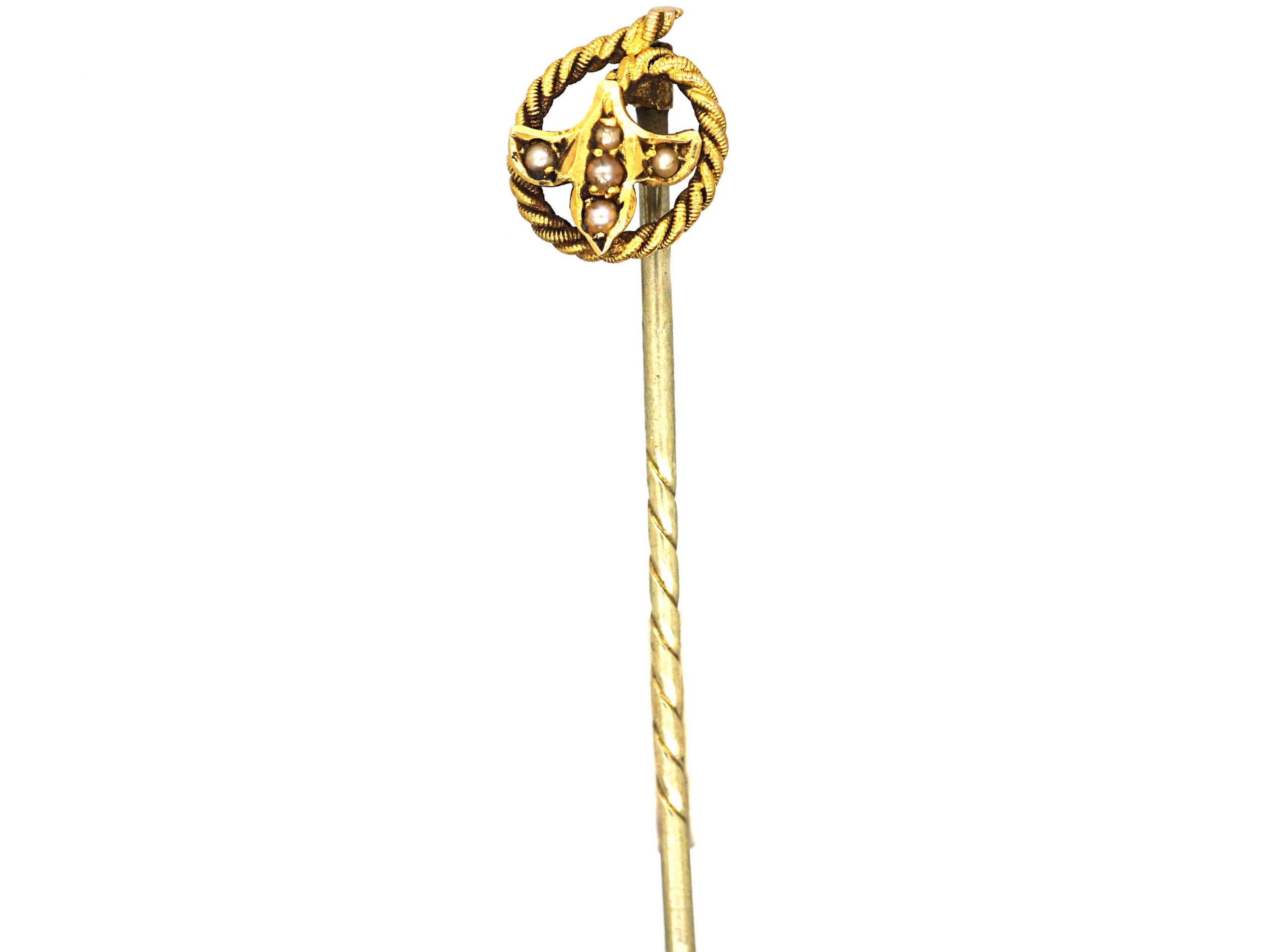 Edwardian 15ct Gold Coiled Rope Design Tie Pin set with Natural Split ...