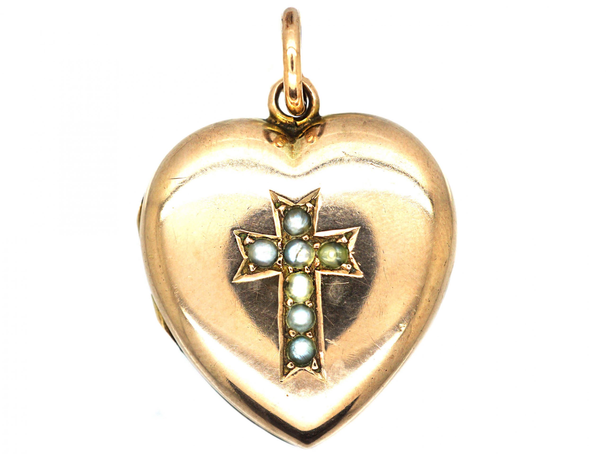 Edwardian 9ct Gold Back & Front Heart Shaped Locket with Cross set with ...
