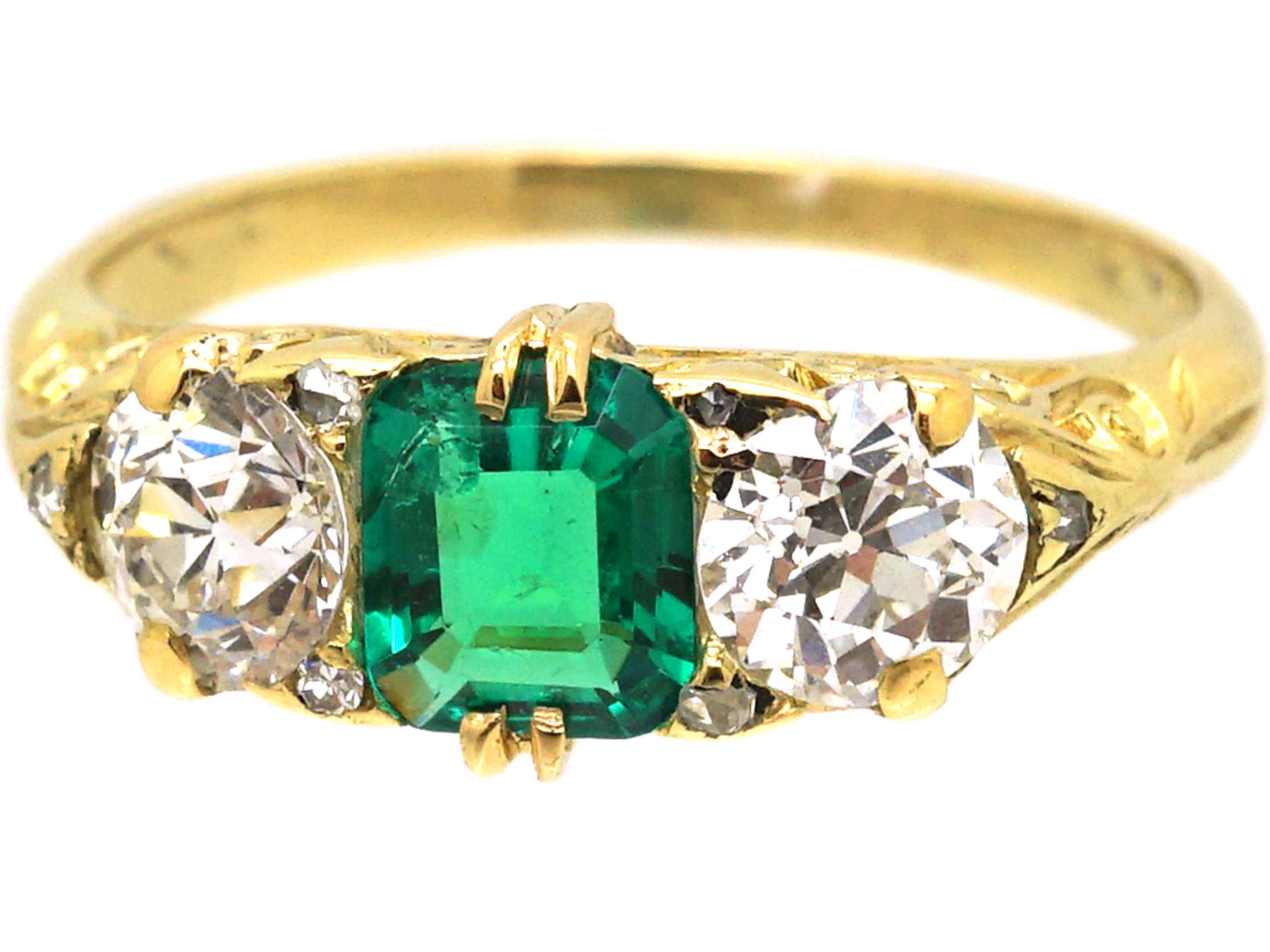 Victorian 18ct Gold Three Stone Emerald & Diamond Carved Half Hoop Ring ...