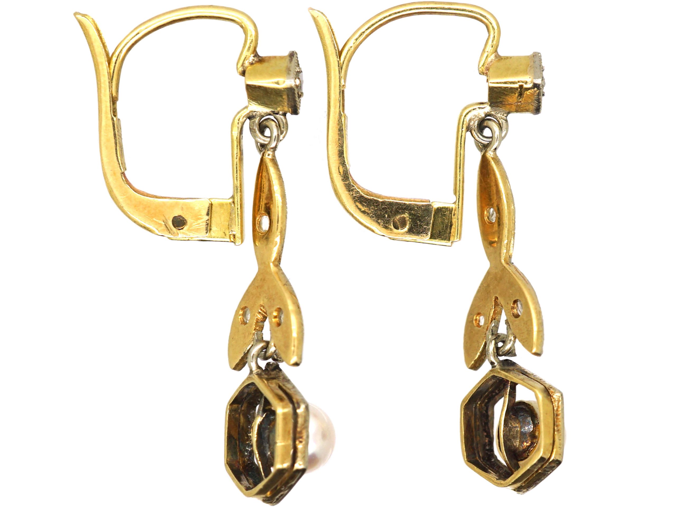 Early 20th Century 14ct Gold & Platinum, Pearl & Diamond Drop Earrings ...