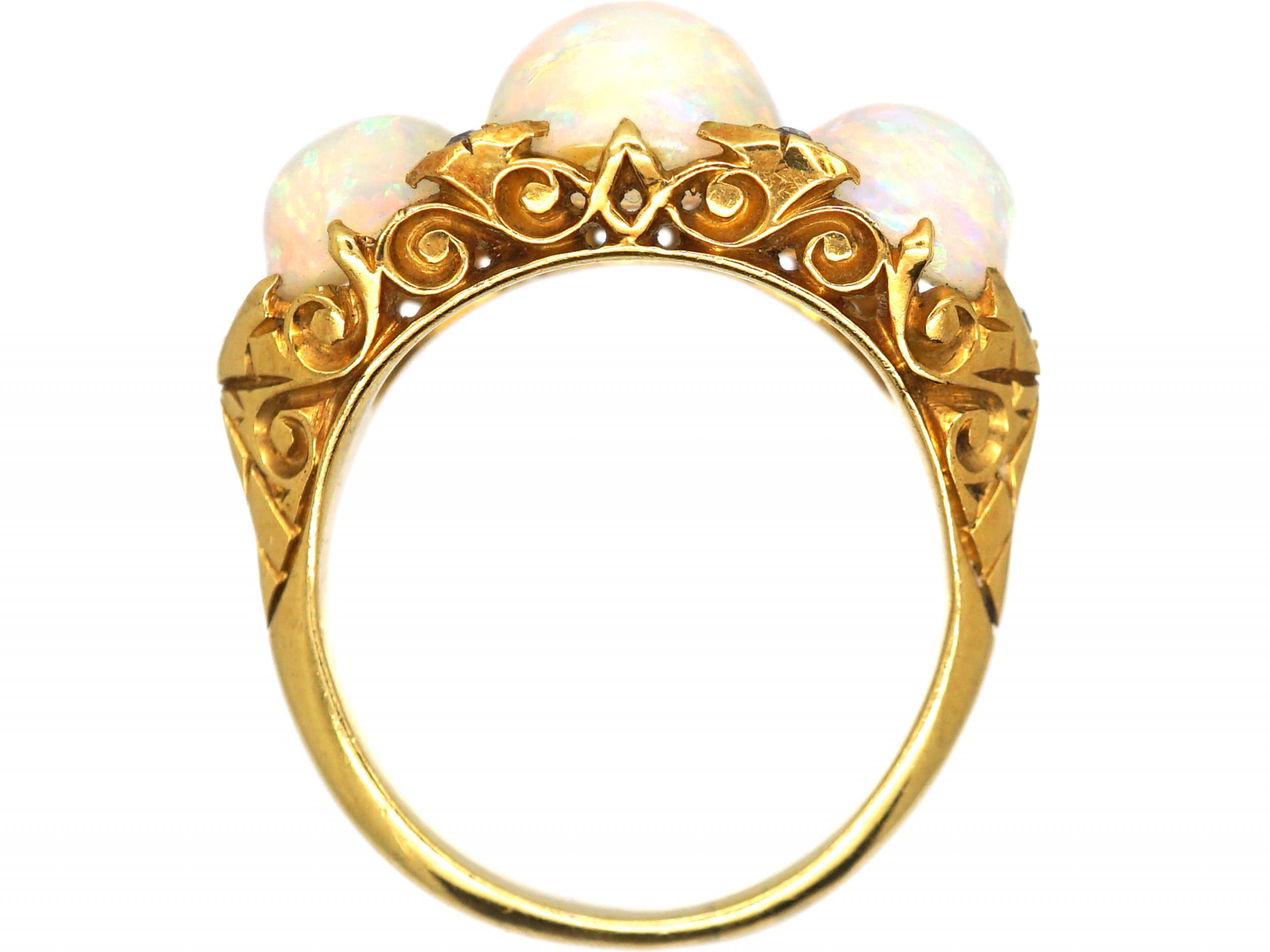 Victorian 18ct Gold Carved Half Hoop, Three Stone Opal Ring with ...