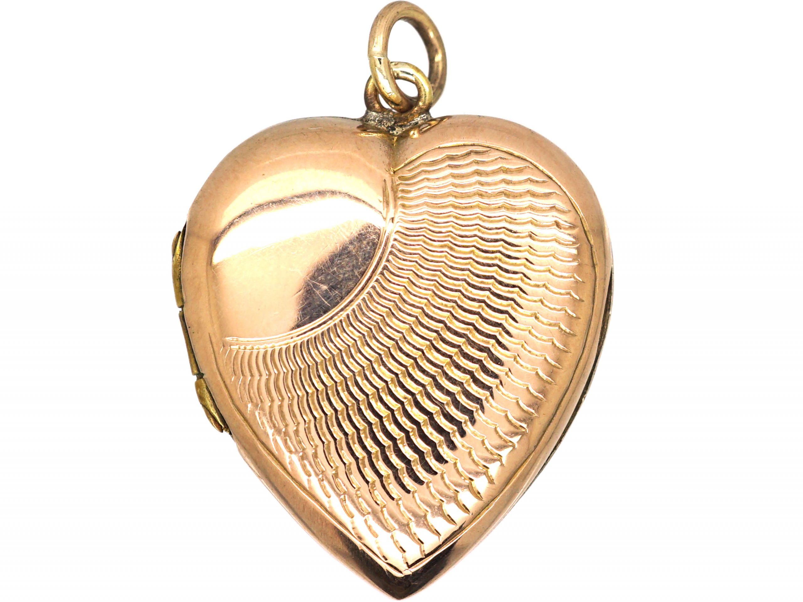 Edwardian 9ct Gold Back & Front Heart Shaped Locket with Sun Ray Motif ...