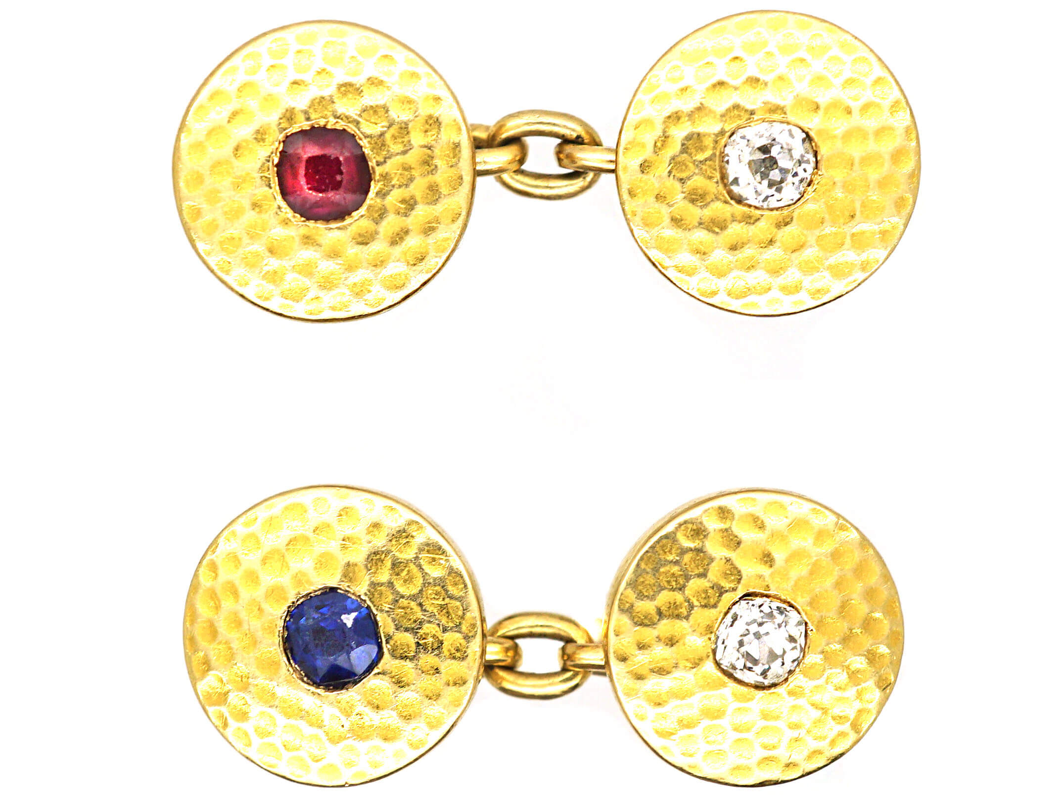 Edwardian 18ct Gold Round Cufflinks set with Diamonds, a Sapphire & a ...
