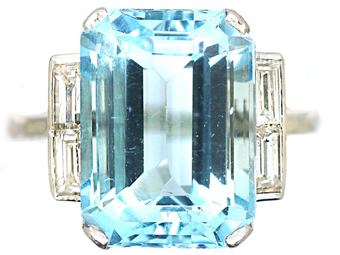 Platinum Large Aquamarine & Diamond Baguette Ring (801X) | The Antique ...
