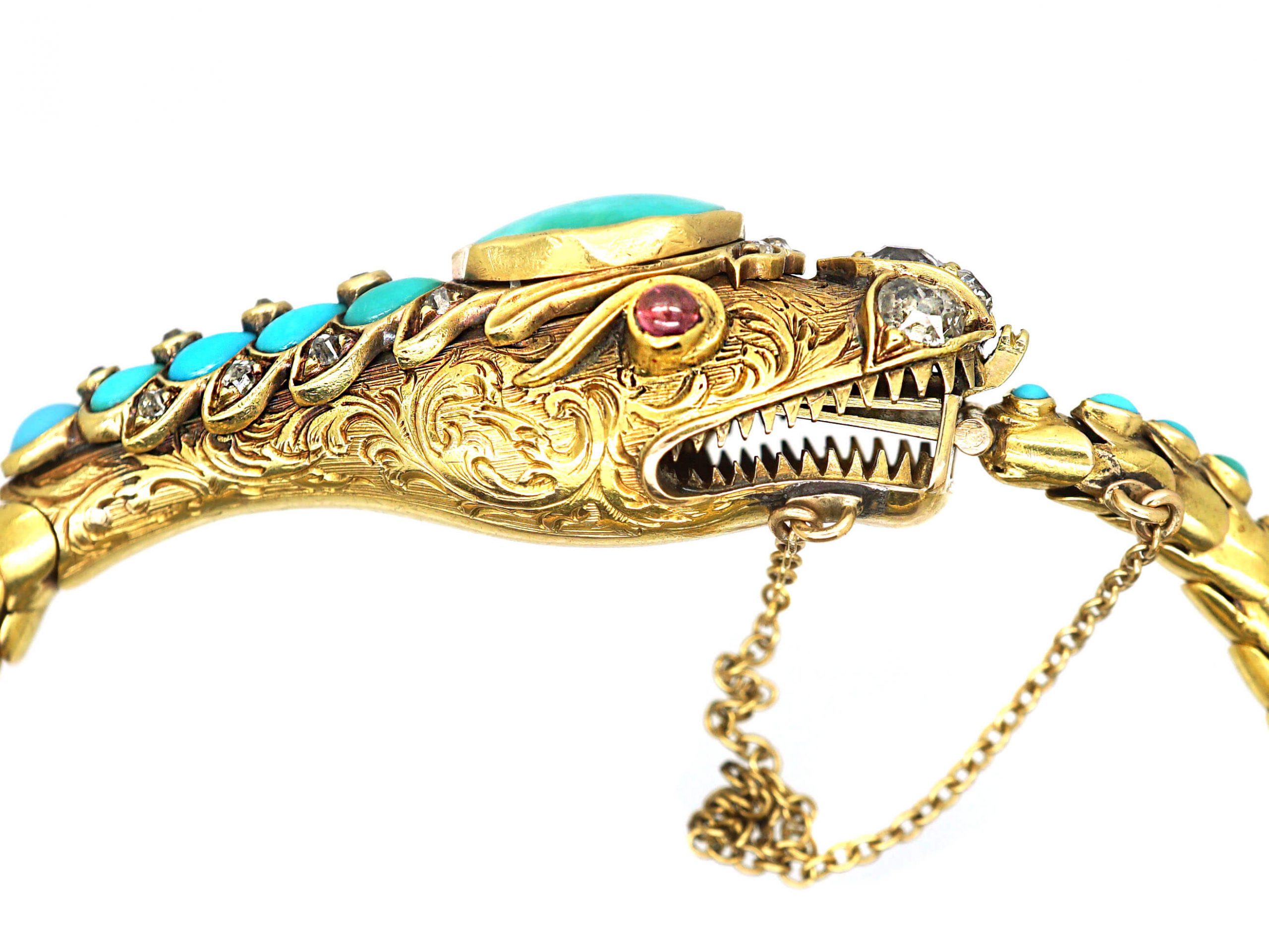 Victorian 18ct Gold Snake Bracelet set with Turquoise, Diamonds ...