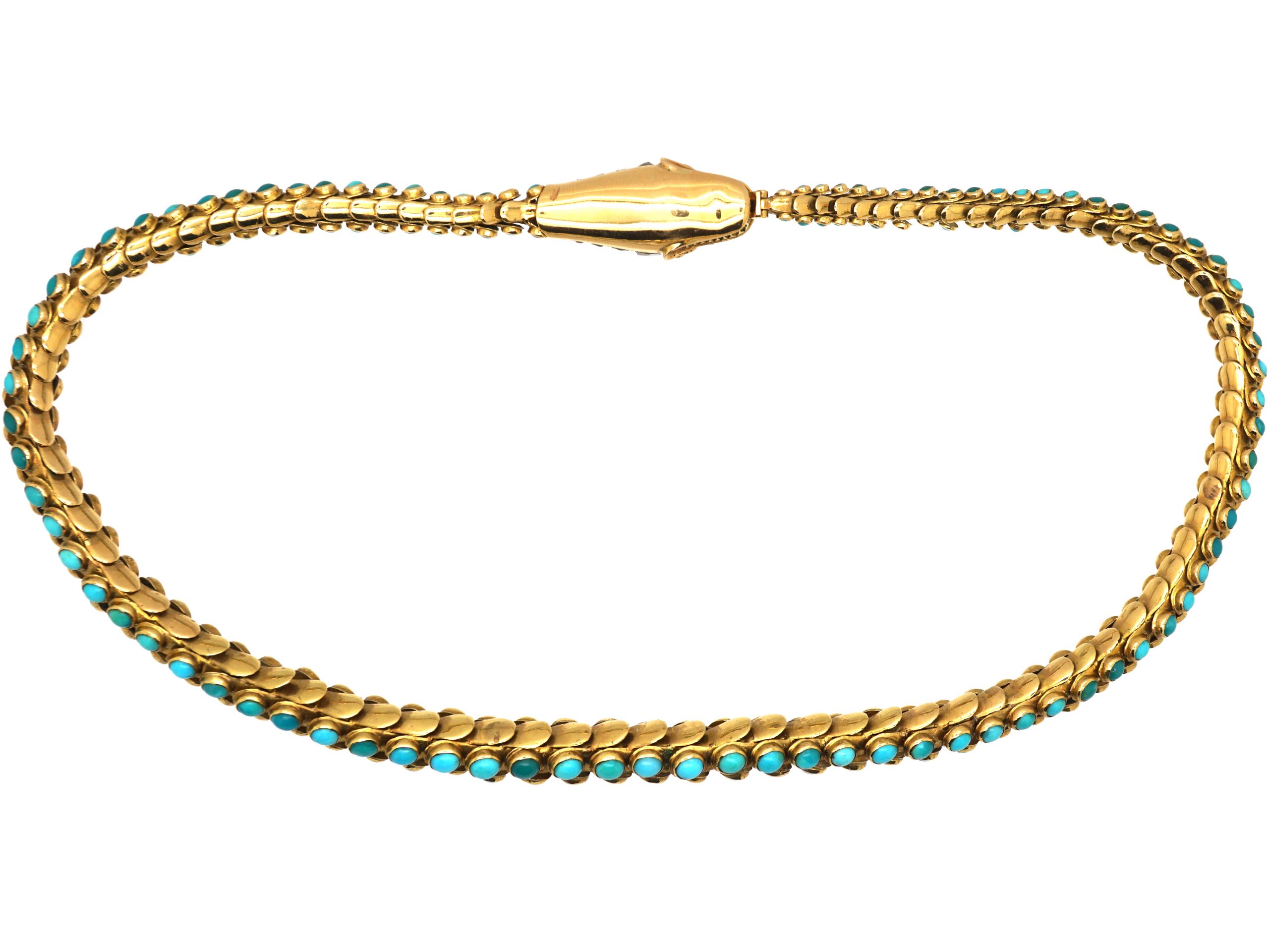 Victorian 18ct Gold Snake Necklace set with Diamonds & Turquoise with ...