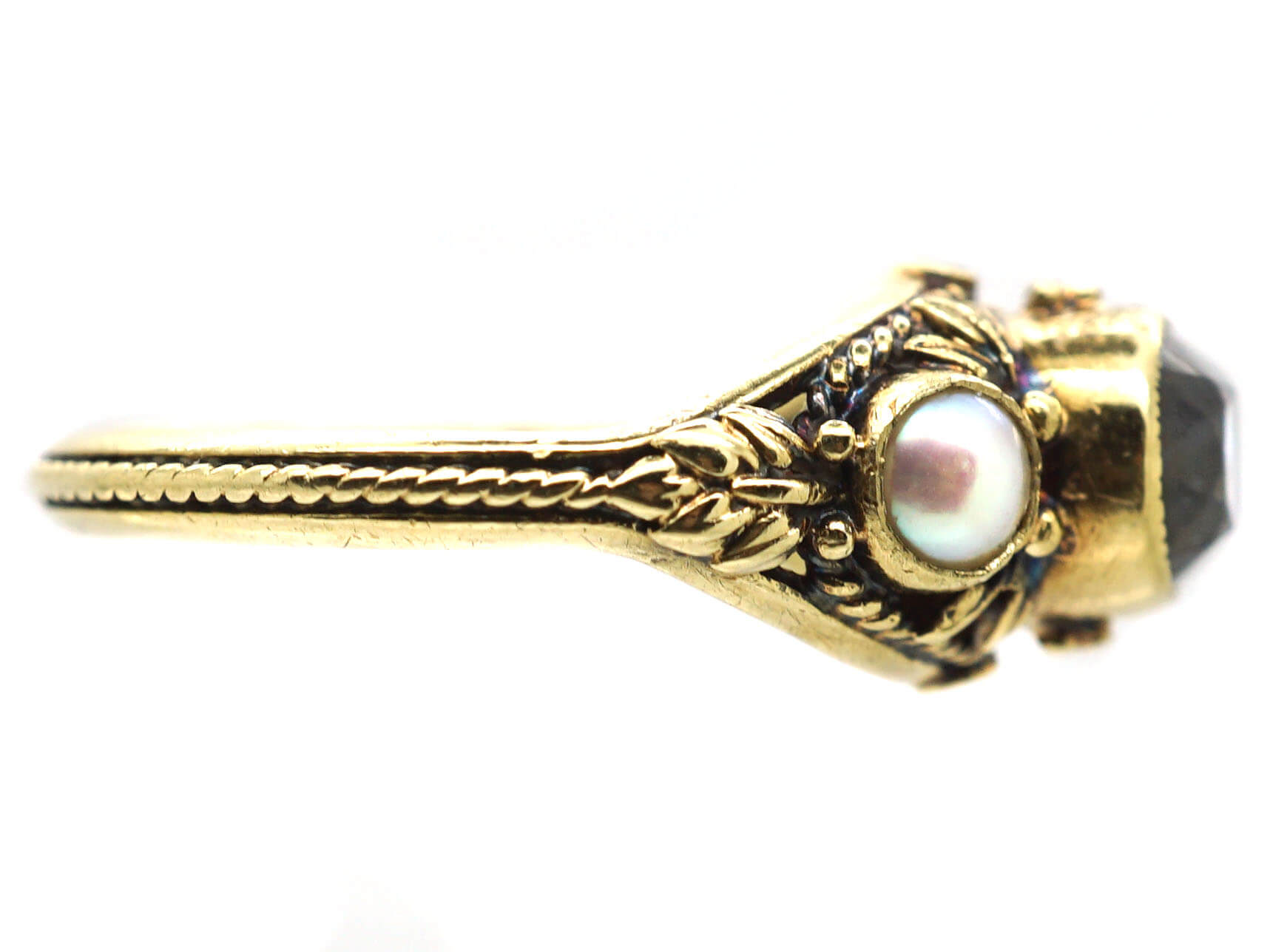 Arts & Crafts 18ct Gold Ring set with a Sapphire & Two Natural Pearls ...