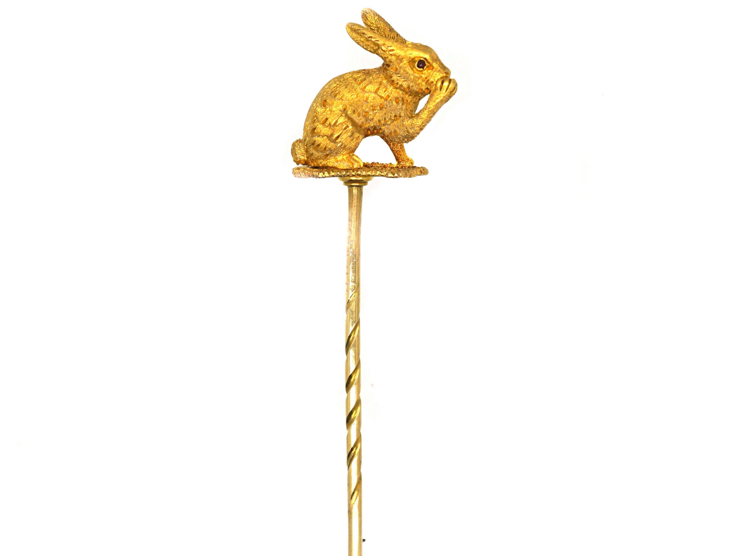 Edwardian 18ct Gold Tie Pin of a Rabbit with Ruby Eyes in Original Hunt ...