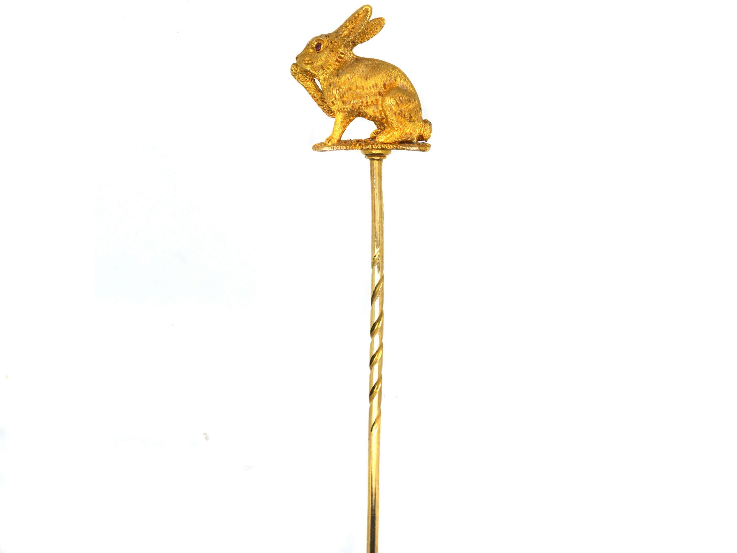 Edwardian 18ct Gold Tie Pin of a Rabbit with Ruby Eyes in Original Hunt ...