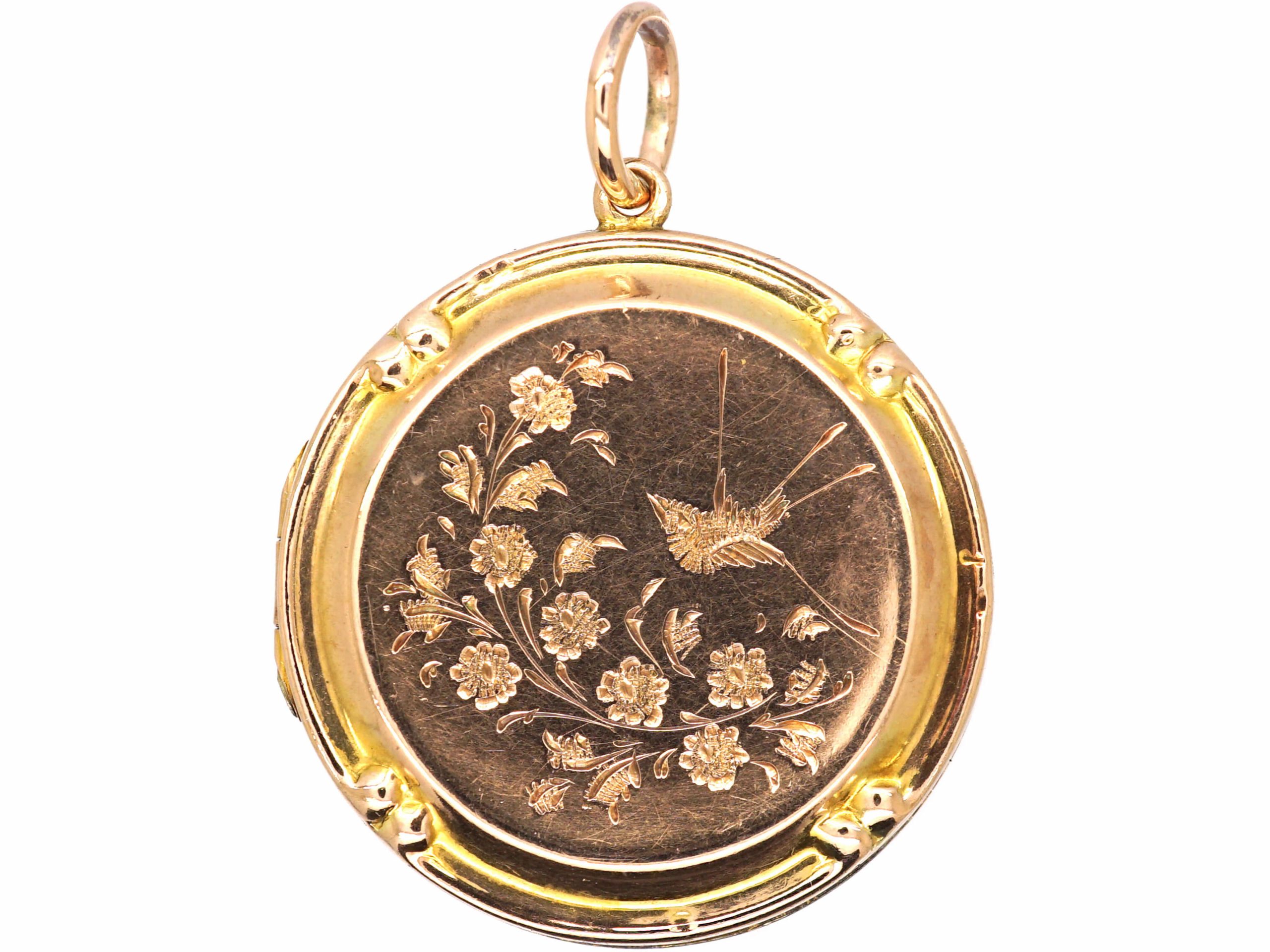 Edwardian 9ct Back & Front Round Locket with Swallow & Roses Motif ...
