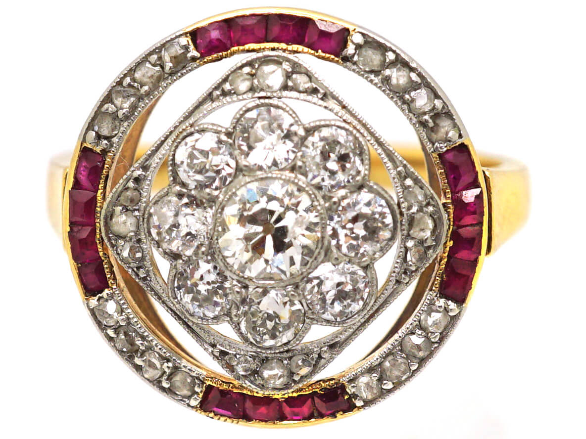 Early 20th Century 18ct Gold, Diamond & Ruby Daisy Cluster Ring within ...