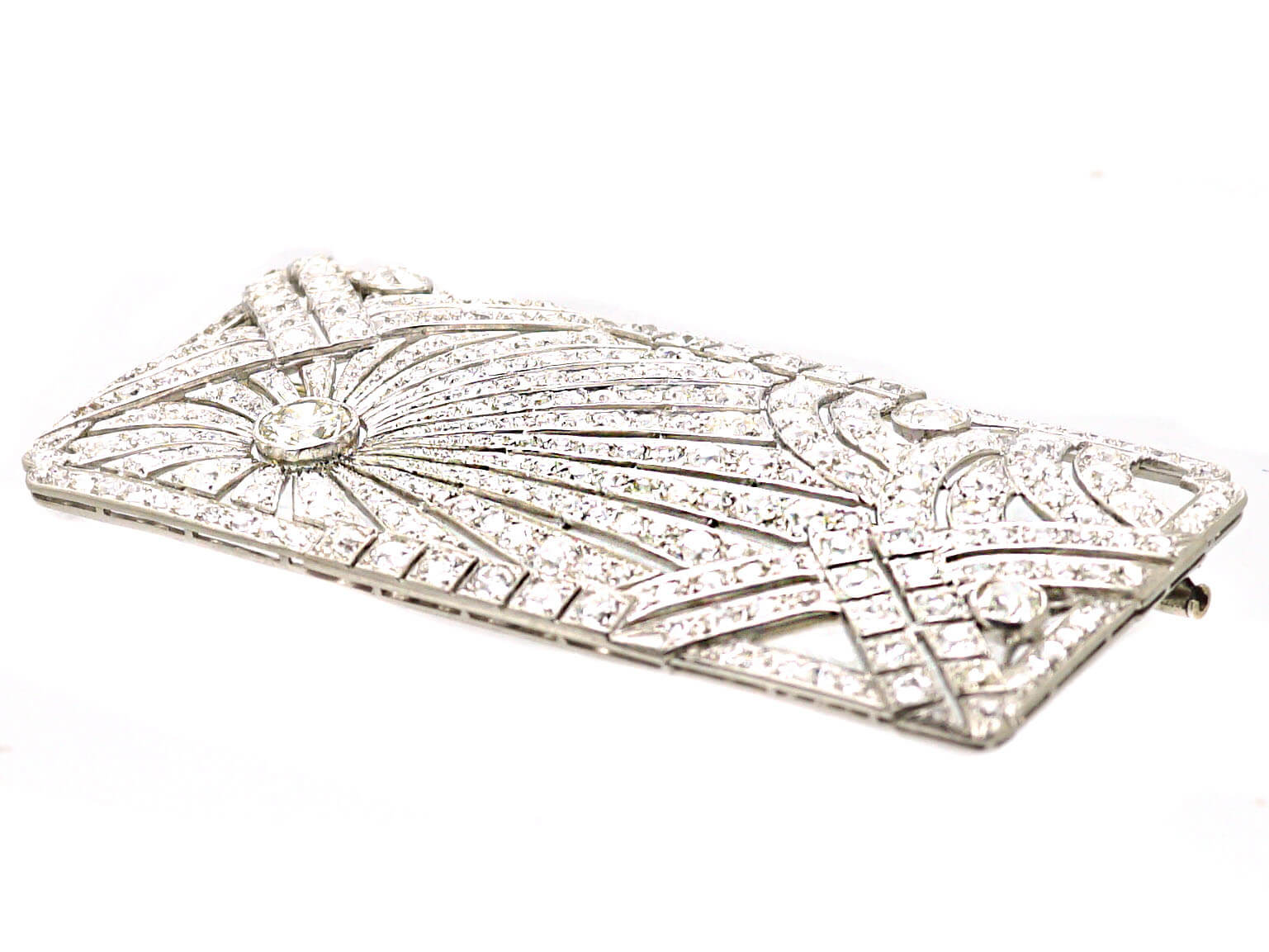 Art Deco Platinum Large Sunburst Rectangular Brooch set with Diamonds ...