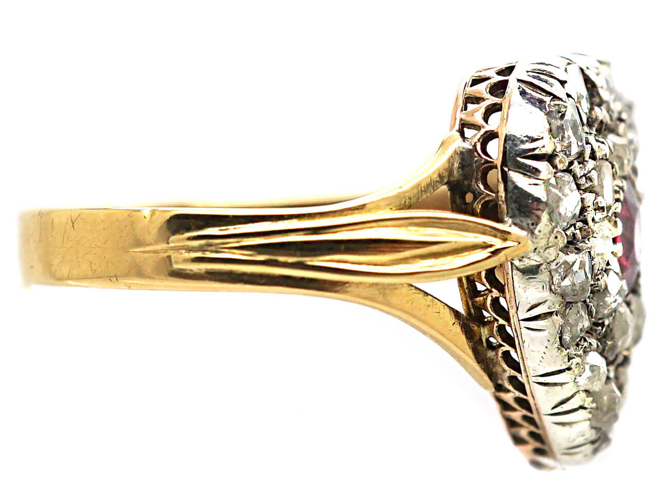 Edwardian 18ct Gold & Silver Heart Shaped Ring set with a Ruby & Rose ...