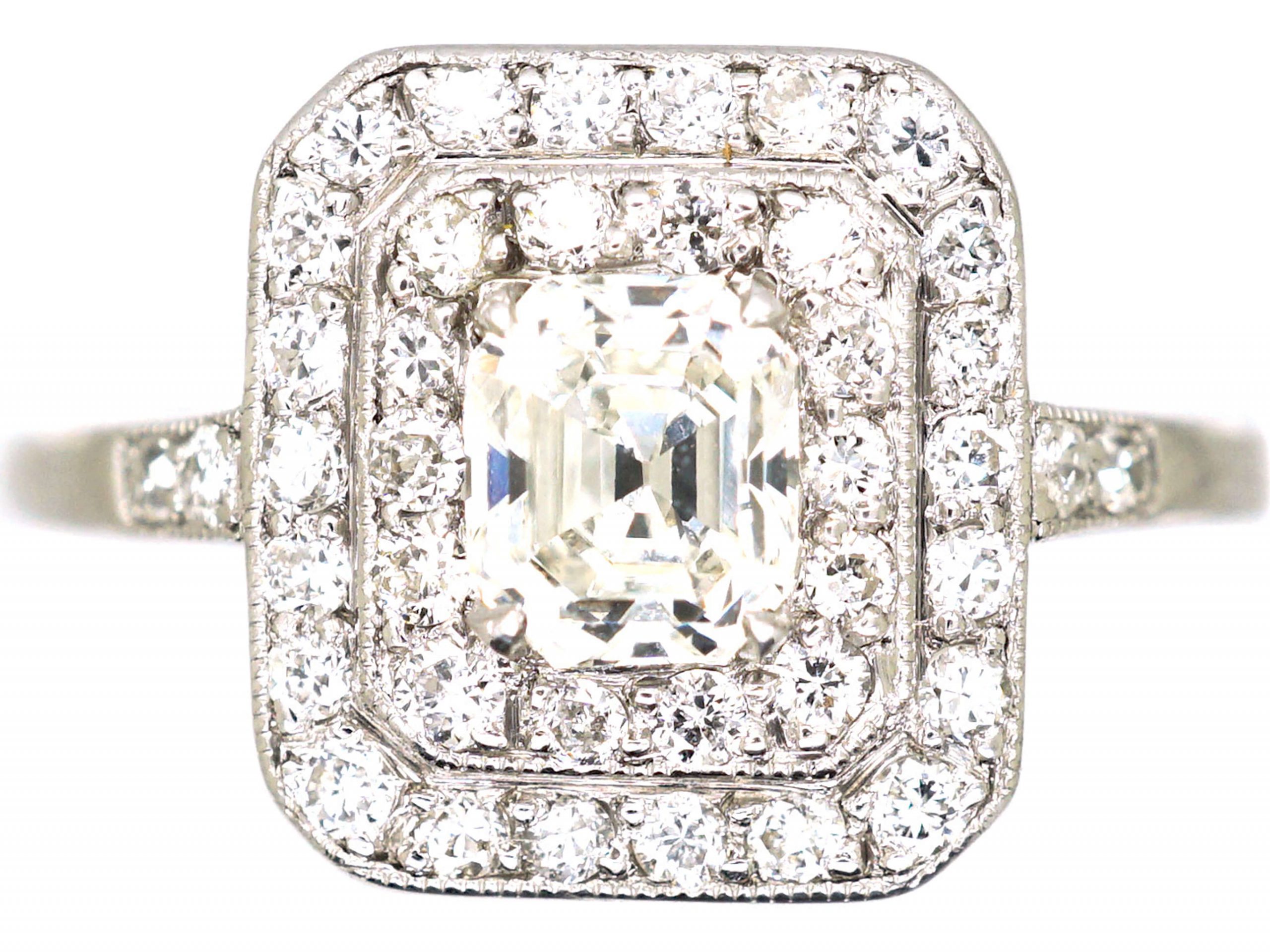 Art Deco Platinum Square Cluster Ring set with an Asscher Cut Diamond ...
