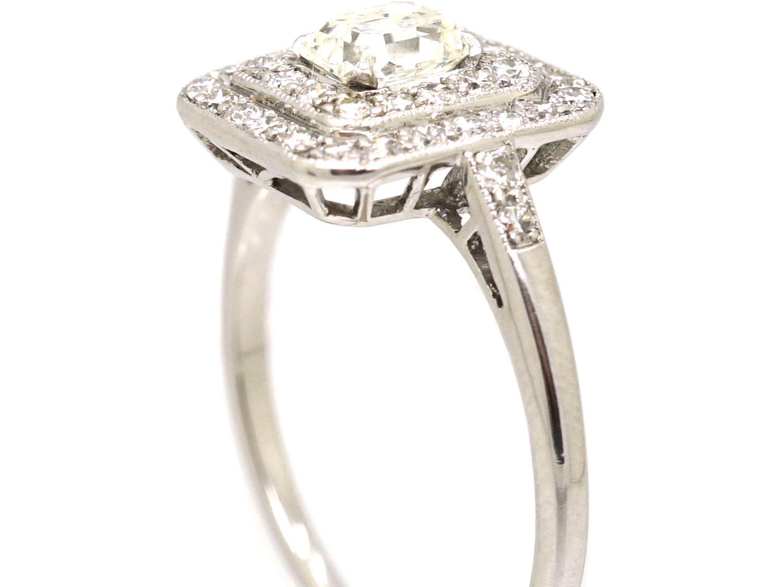 Art Deco Platinum Square Cluster Ring set with an Asscher Cut Diamond ...