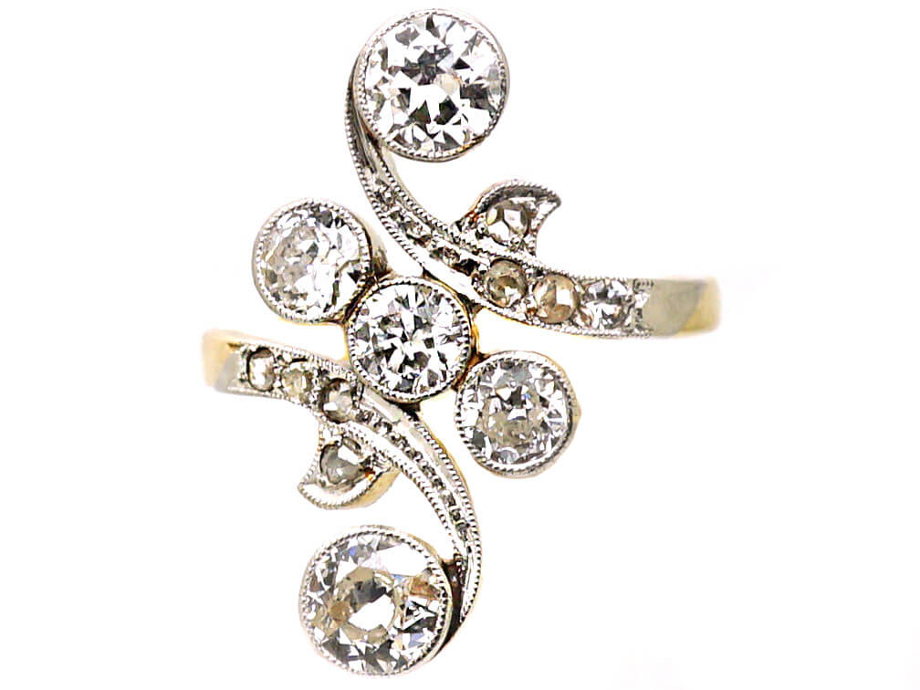 Art Nouveau 14ct Gold & Platinum Diamond Fancy Crossover Ring (144Y ...