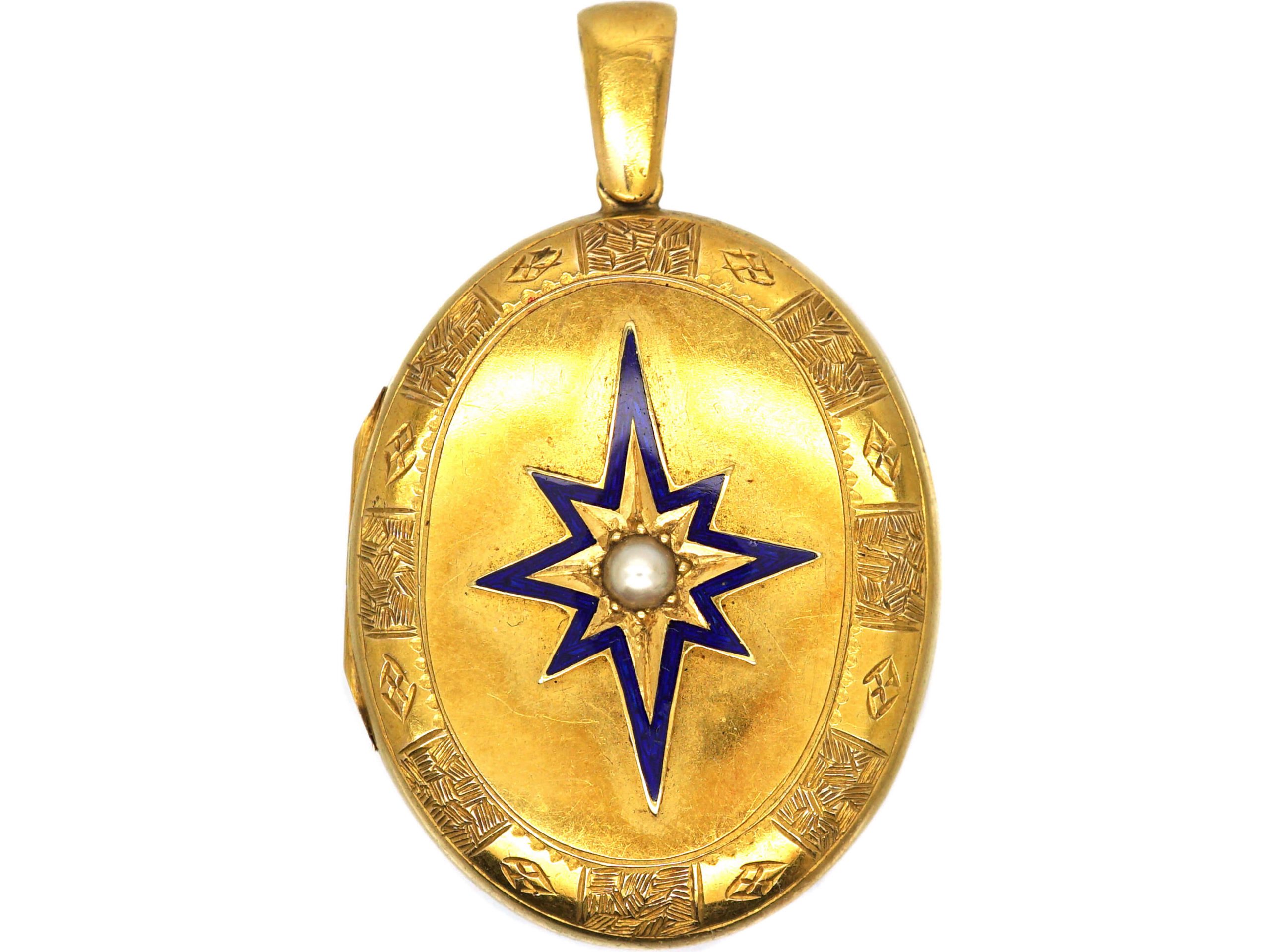 Victorian 18ct Gold, Blue Enamel & Natural Pearl Star Locket in ...