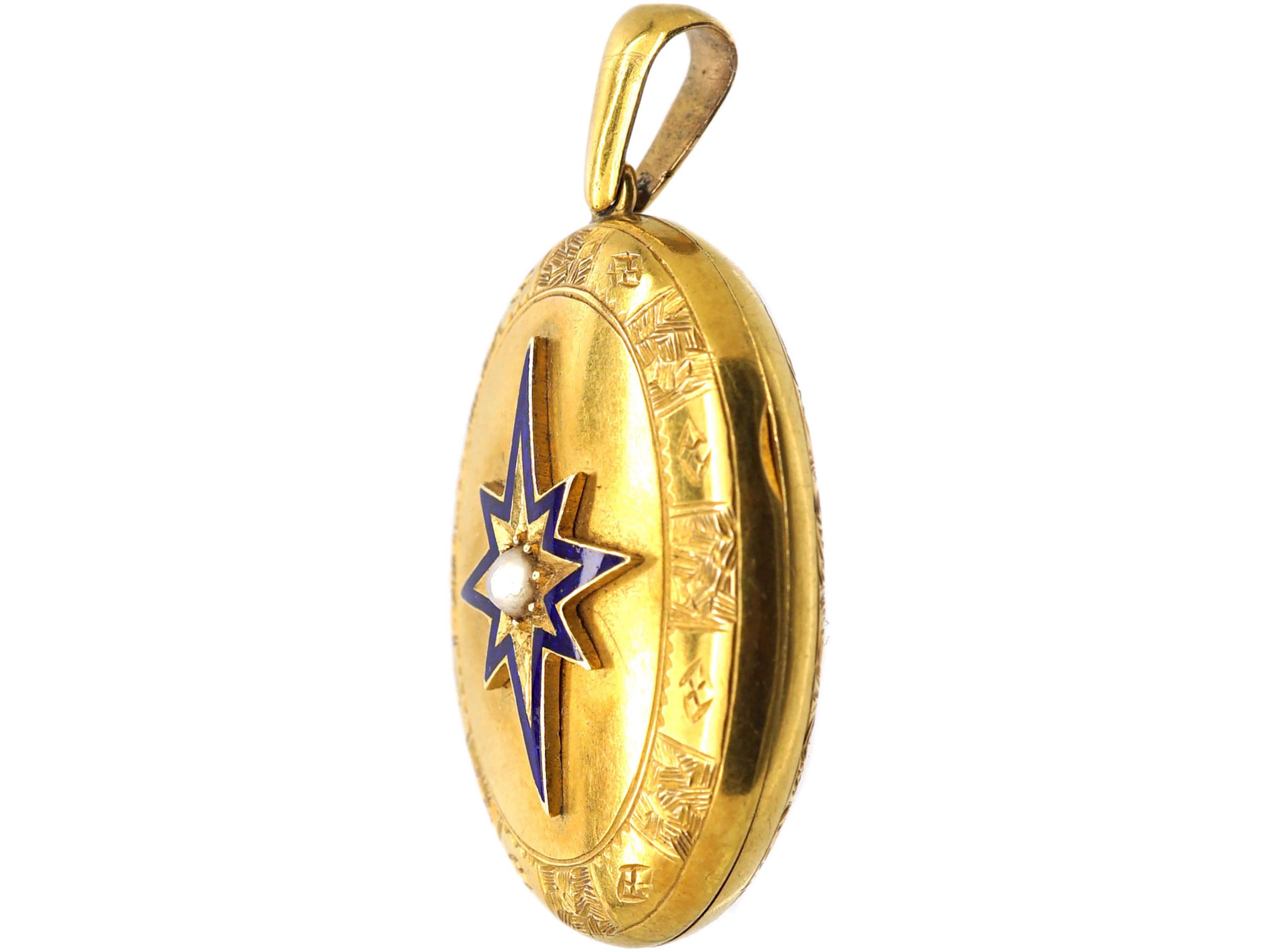 Victorian 18ct Gold, Blue Enamel & Natural Pearl Star Locket in ...