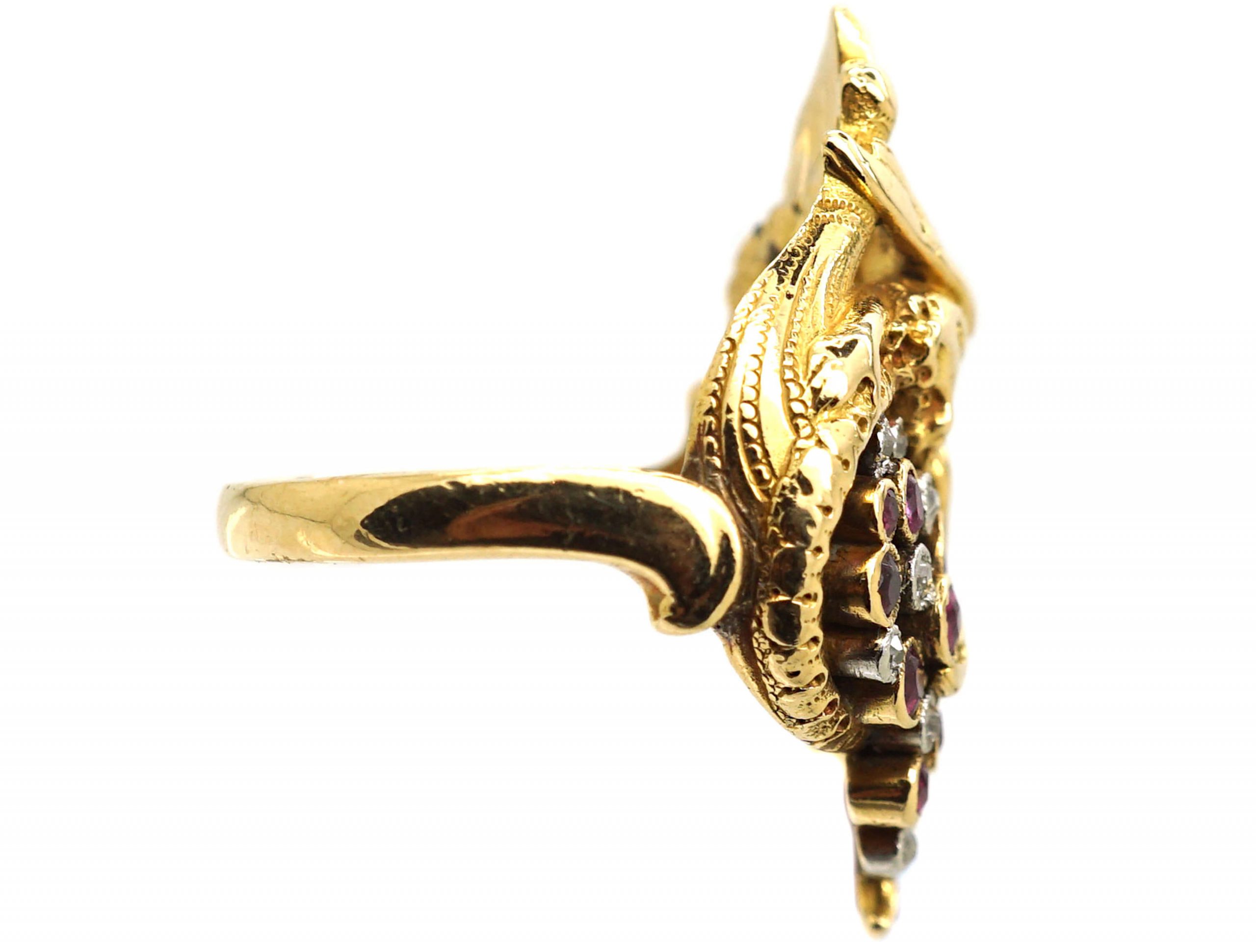 French Art Nouveau 18ct Gold Cherub Ring set with Diamonds & Rubies ...