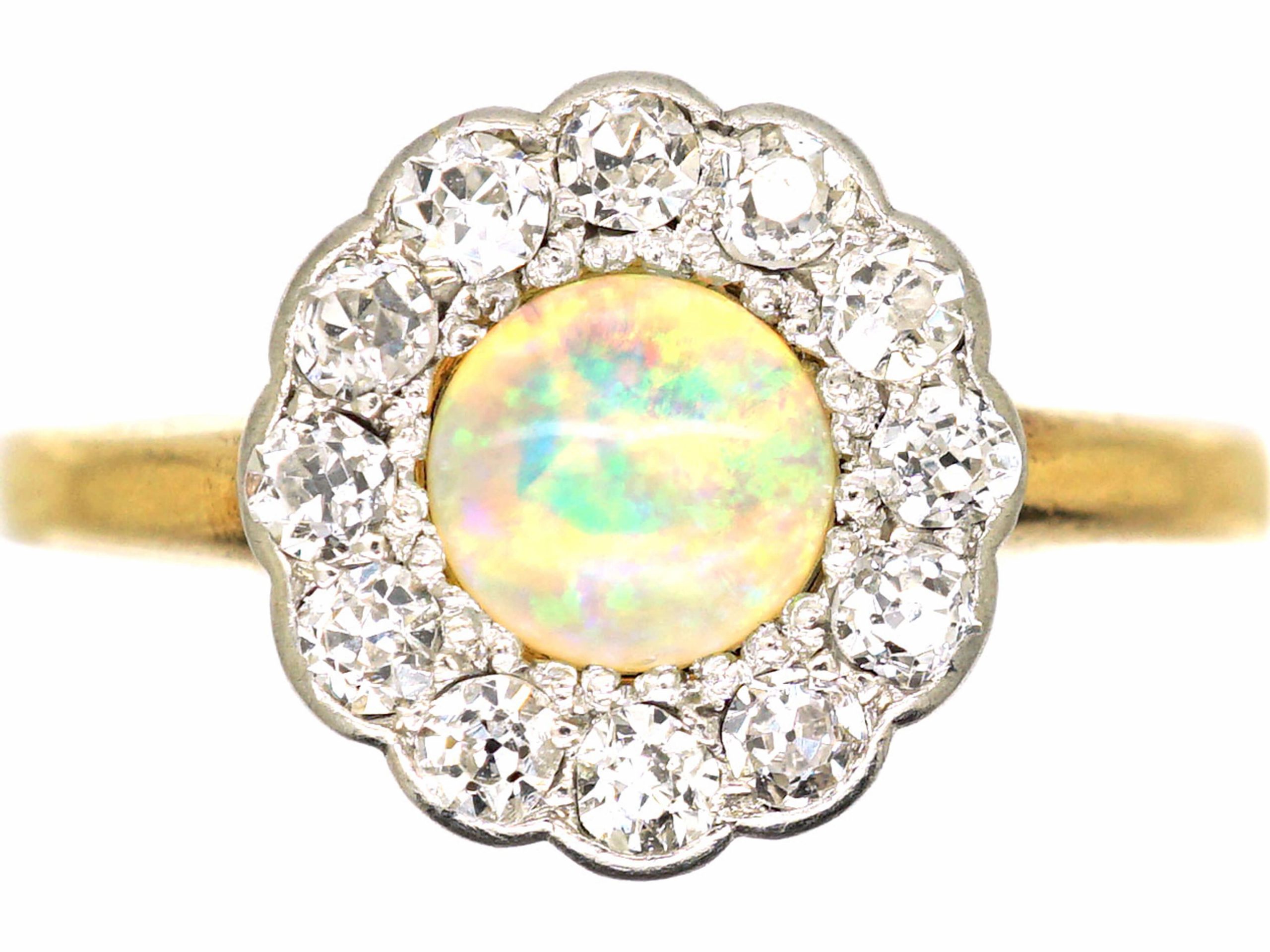Edwardian 18ct Gold & Platinum, Opal & Diamond Cluster Ring () | The Antique Jewellery Company