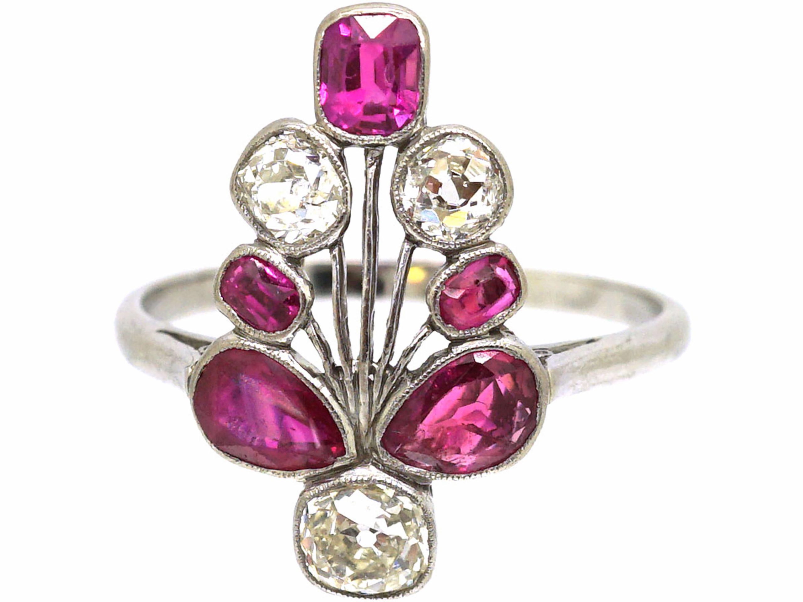 Early 20th Century Platinum, Burma Ruby & Diamond Flower Spray Ring ...