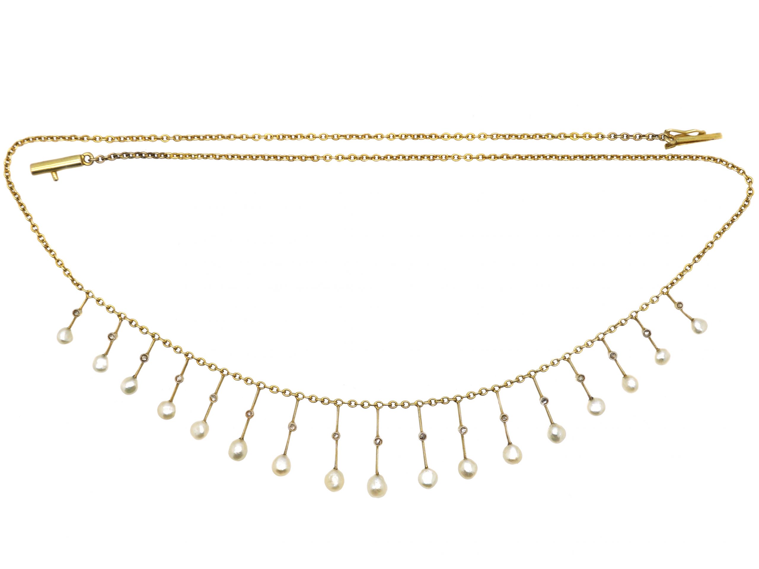 Early 20th Century 14ct Gold Fringe Necklace with Natural Pearl & Rose ...