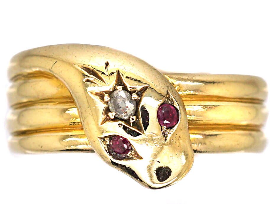 Edwardian 9ct Gold Snake Ring set with a Rose Diamond & Ruby Eyes (181Y ...