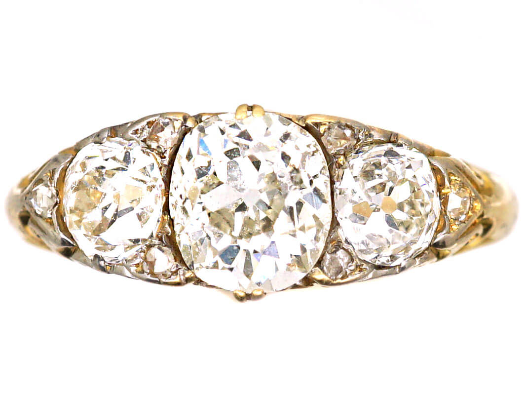 Victorian 18ct Gold Three Stone Carved Half Hoop Ring with Rose Diamond ...