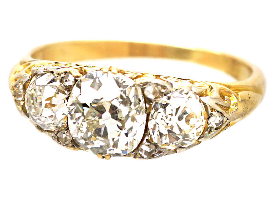 Victorian 18ct Gold Three Stone Carved Half Hoop Ring with Rose Diamond ...